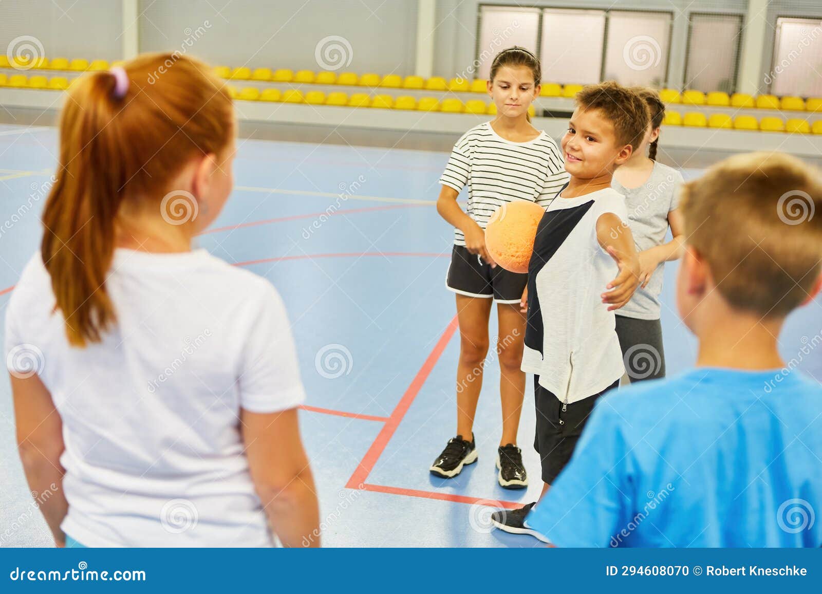 Smiling Boy Talking with Friends in Gym Class Stock Photo - Image of ...