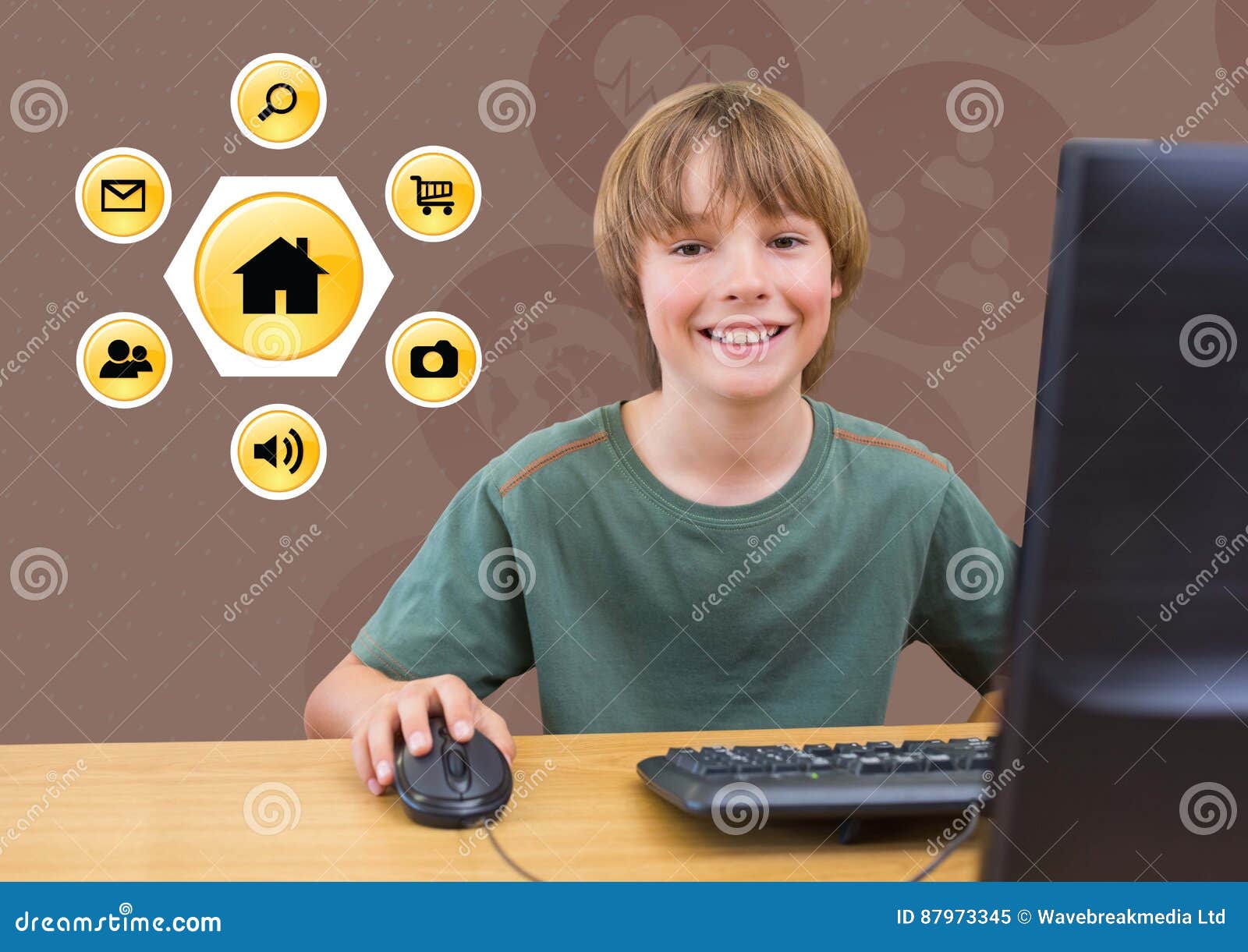 Smiling Boy Using Desktop Pc with Various Application Icons in ...