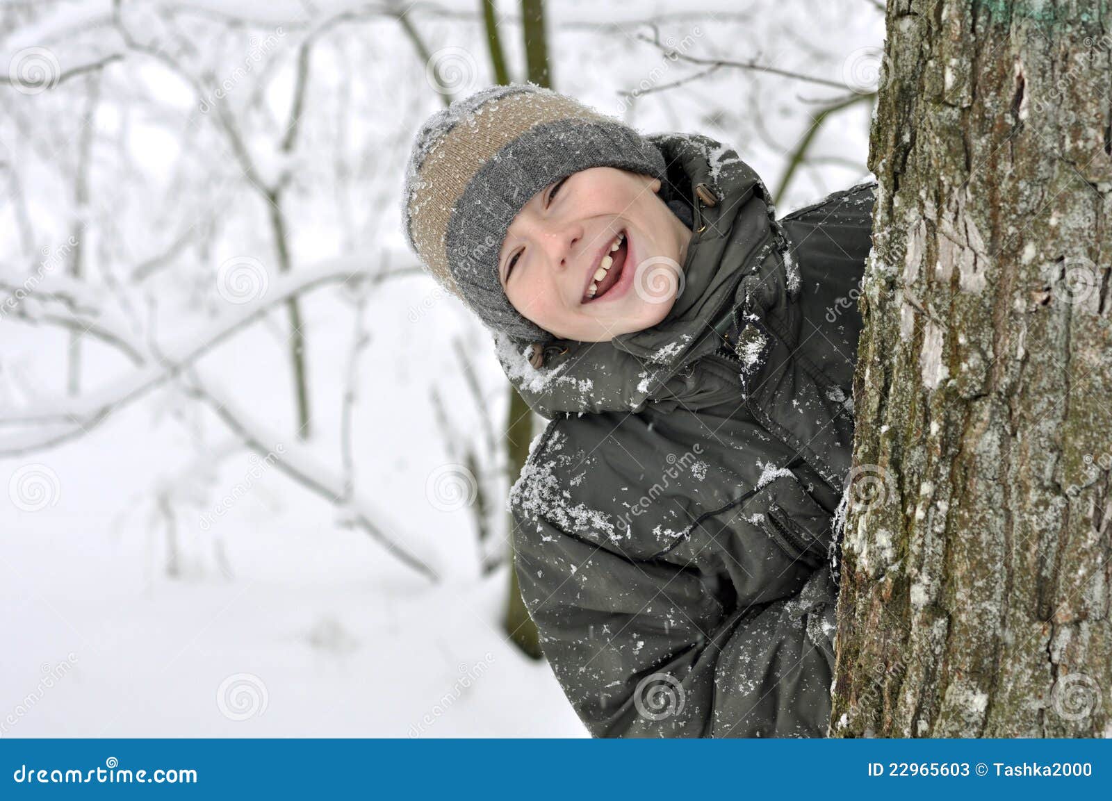 Smiling Boy in Winter Forest Stock Image - Image of cold, smile: 22965603