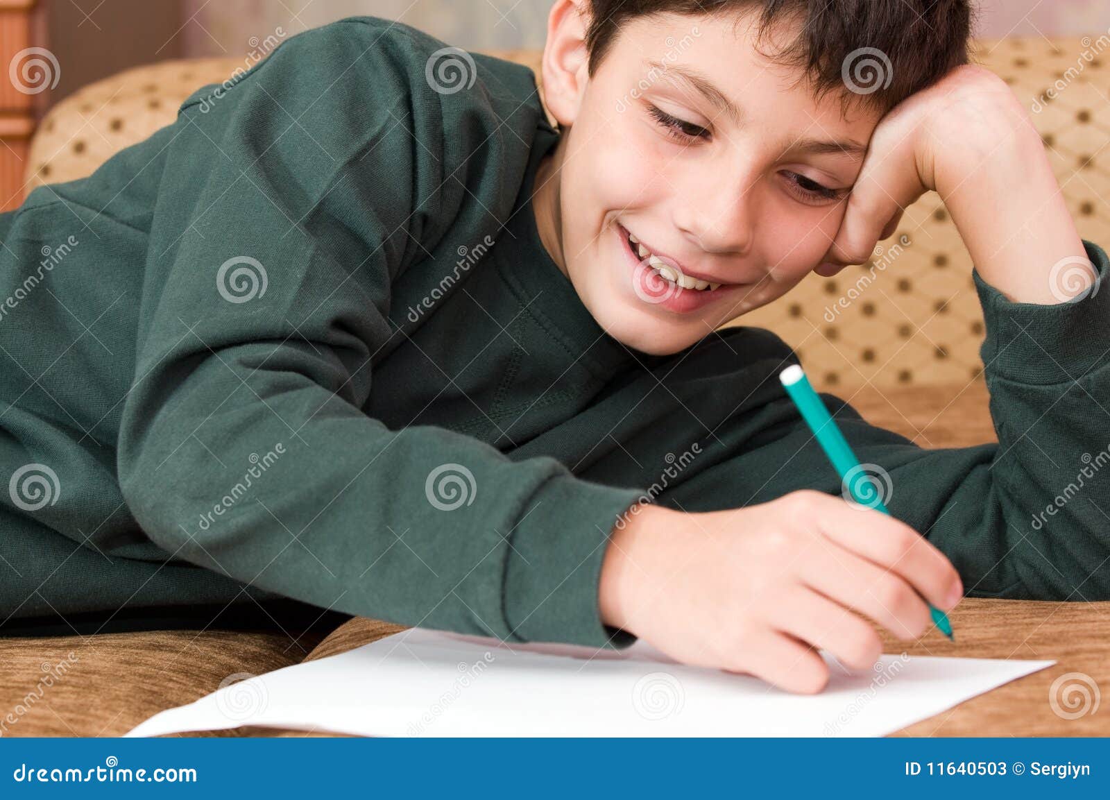 Smiling Boy Writes a Letter Stock Image - Image of childhood, single ...