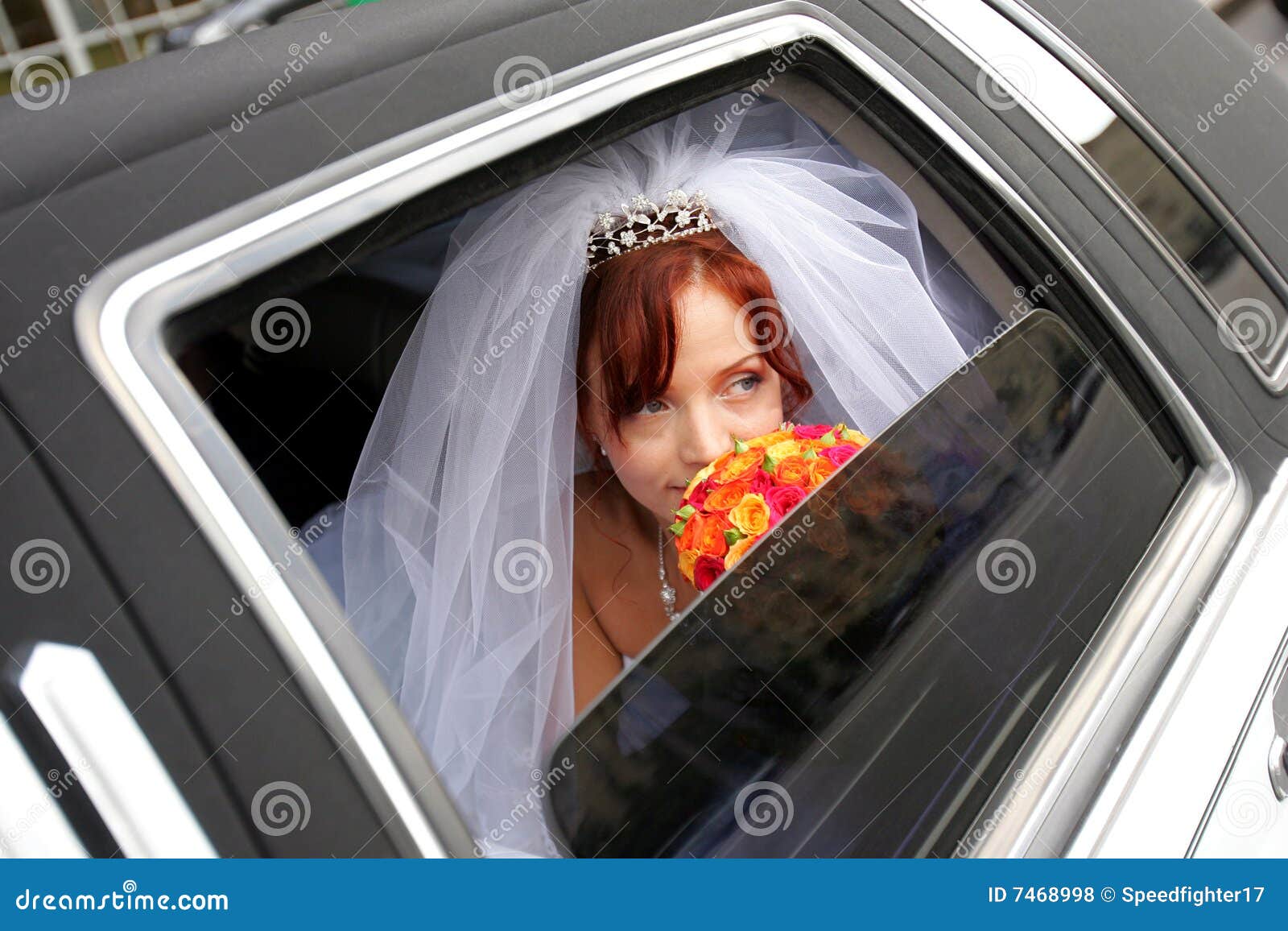 Smiling Bride in Wedding Car Limo Stock Photo - Image of limo, fashion ...
