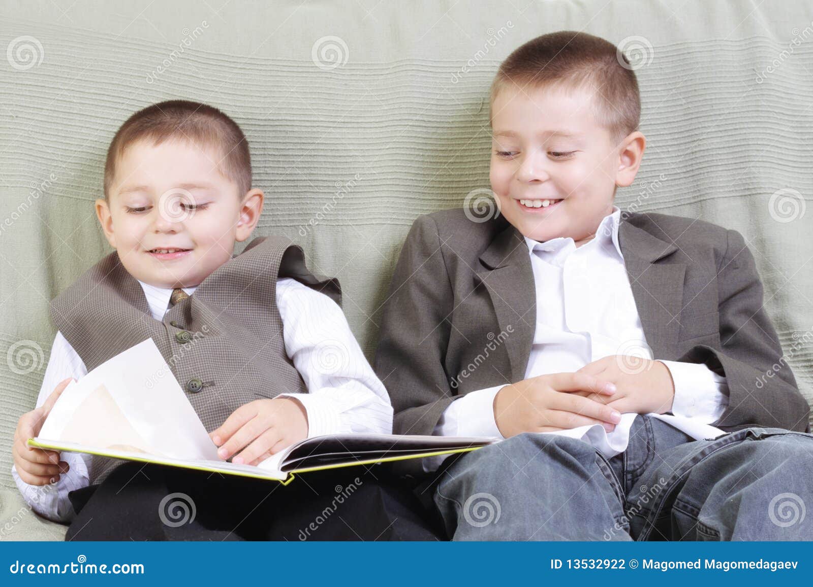 Smiling Brothers Reading Book Stock Photo - Image of family, sofa: 13532922