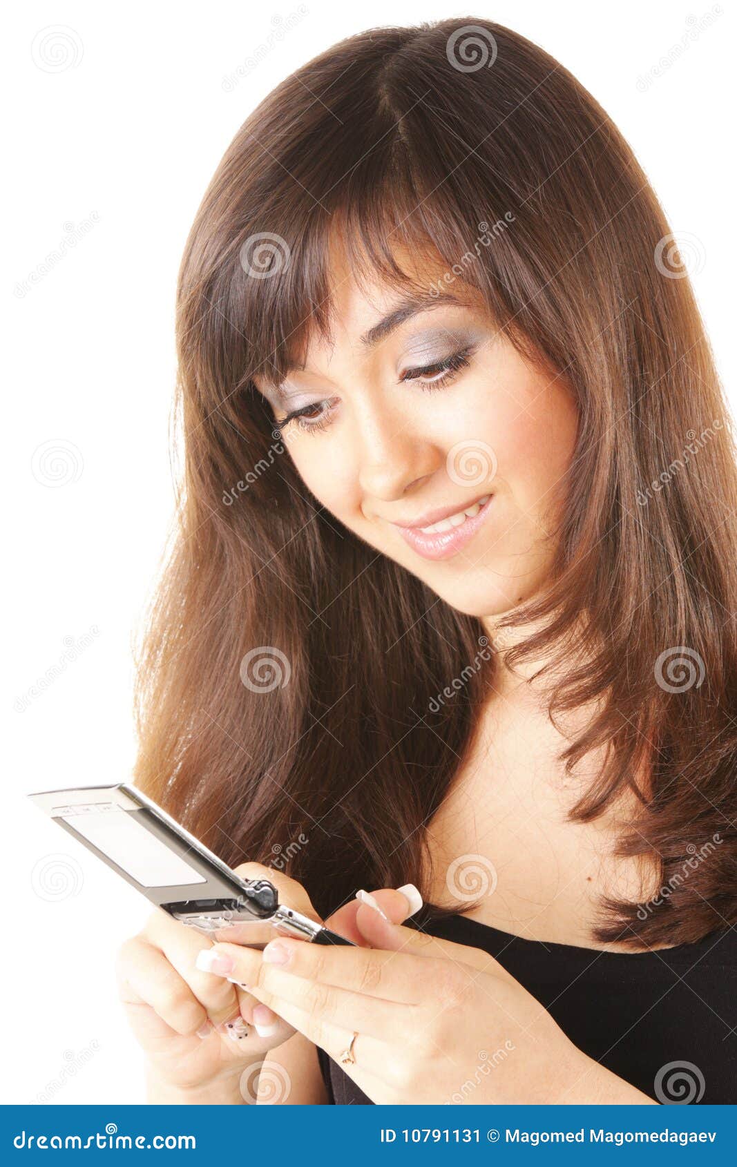 Smiling Brunette Looking To Phone Stock Image - Image of mobile ...