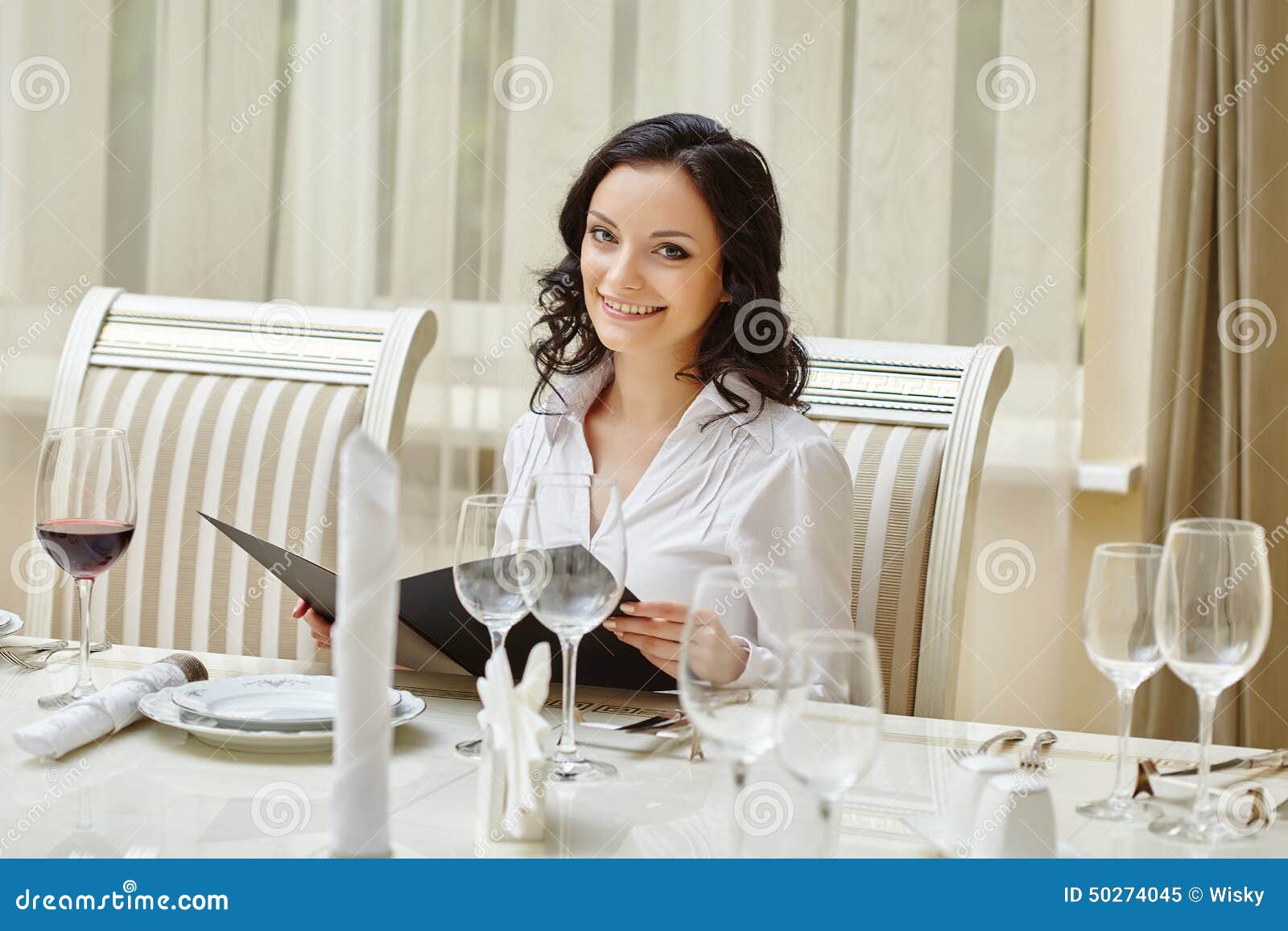 Smiling Brunette Posing during Business Lunch Stock Image - Image of ...