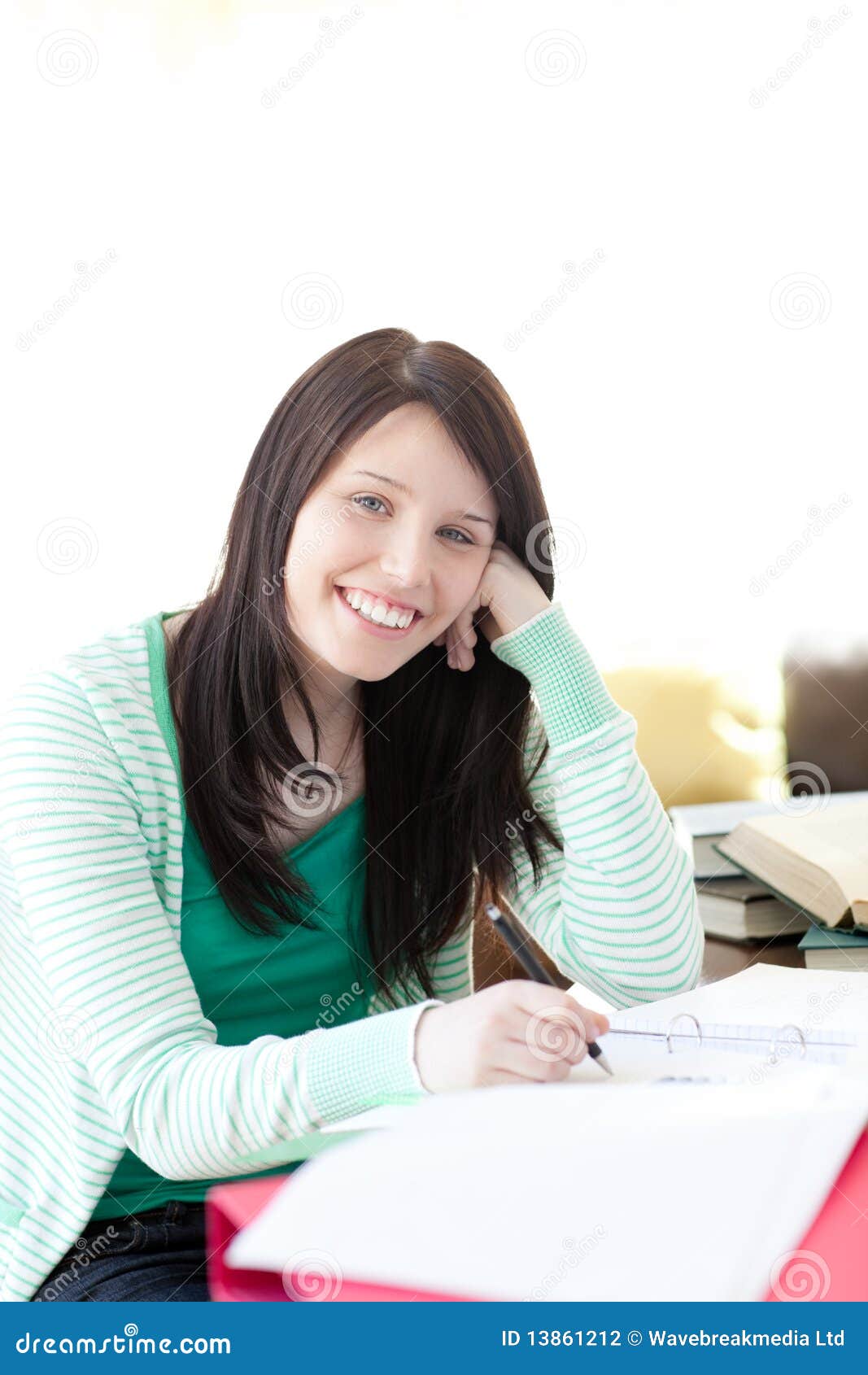 Smiling Brunette Student Doing Her Homework Stock Photo - Image of ...