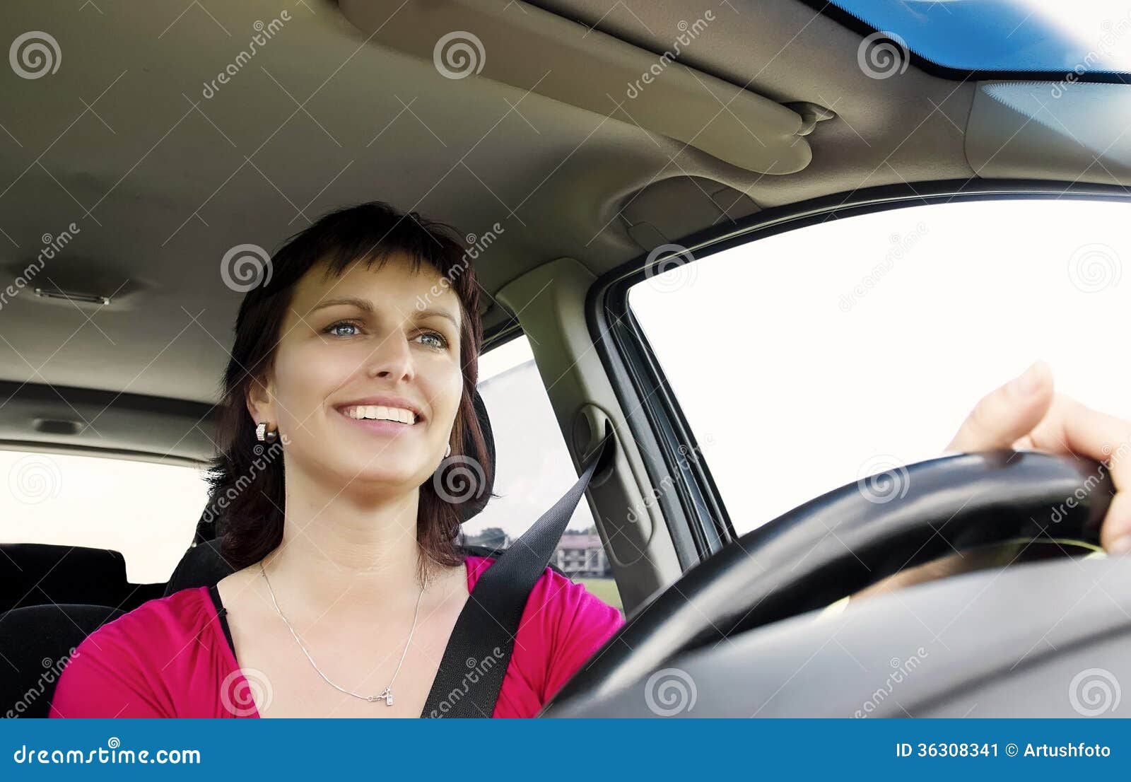 Smiling Brunette Woman Driving Car Stock Image - Image of drive ...