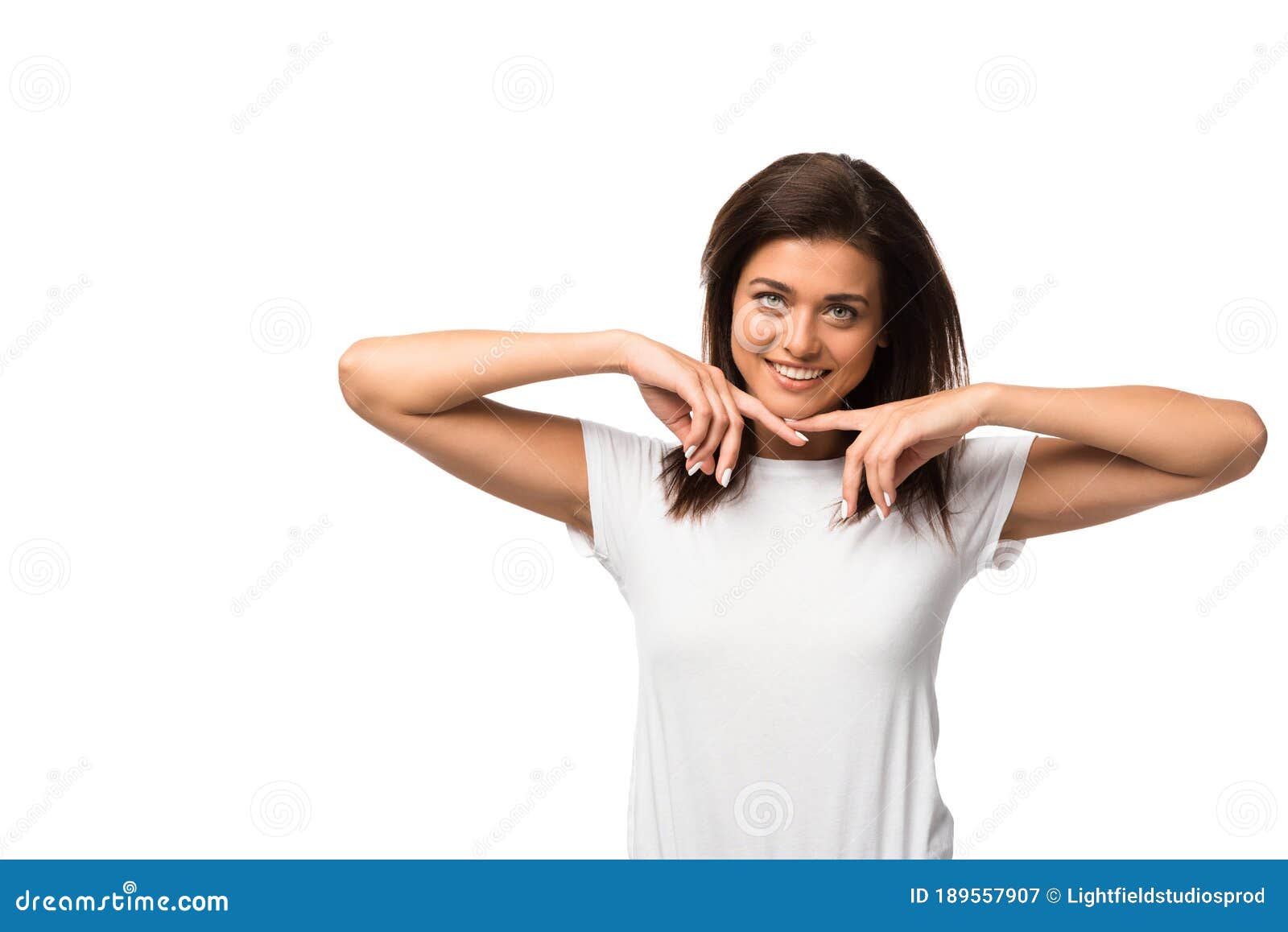 Brunette Woman Posing In White T Shirt Isolated On White Stock Image