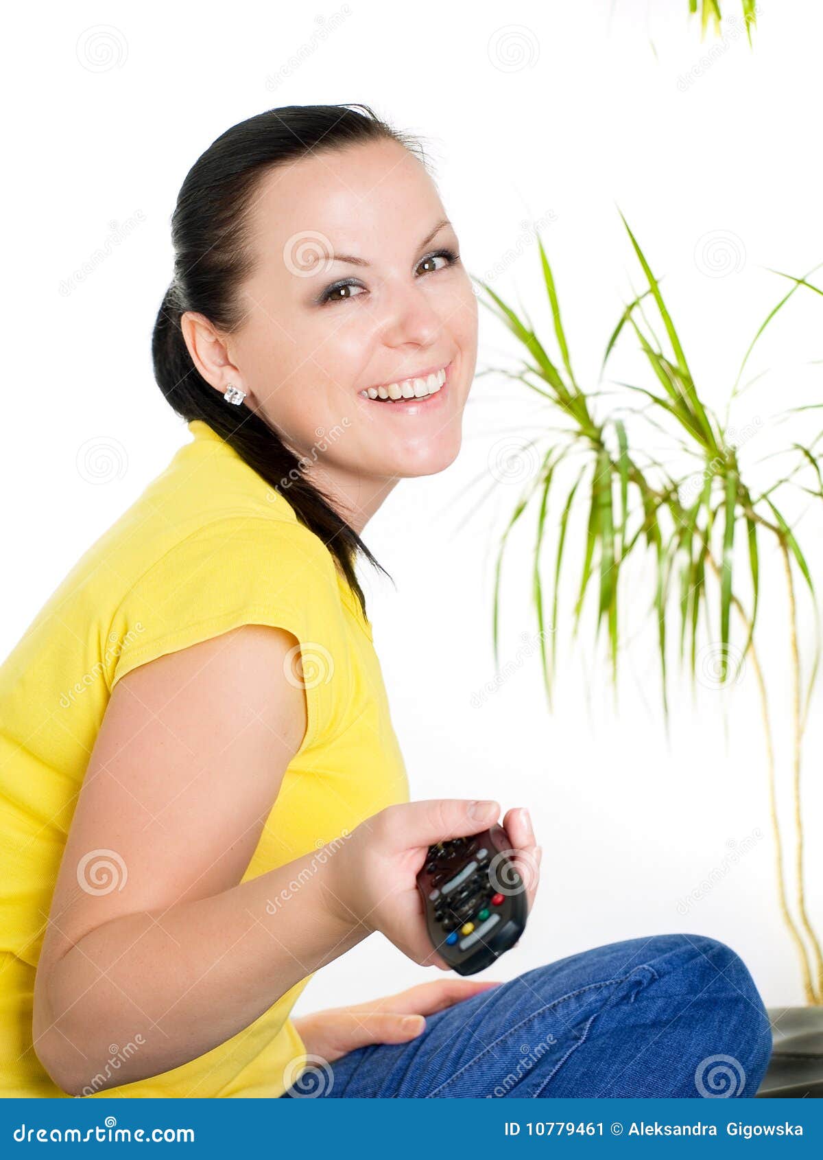 Smiling Brunette Woman Watching Tv Stock Image - Image of face, beauty ...