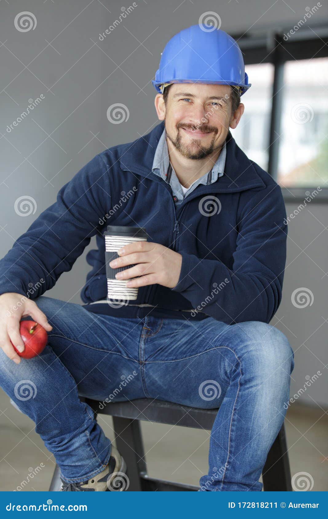 Smiling Builder Drinking Coffee Isolated on White Stock Image - Image ...