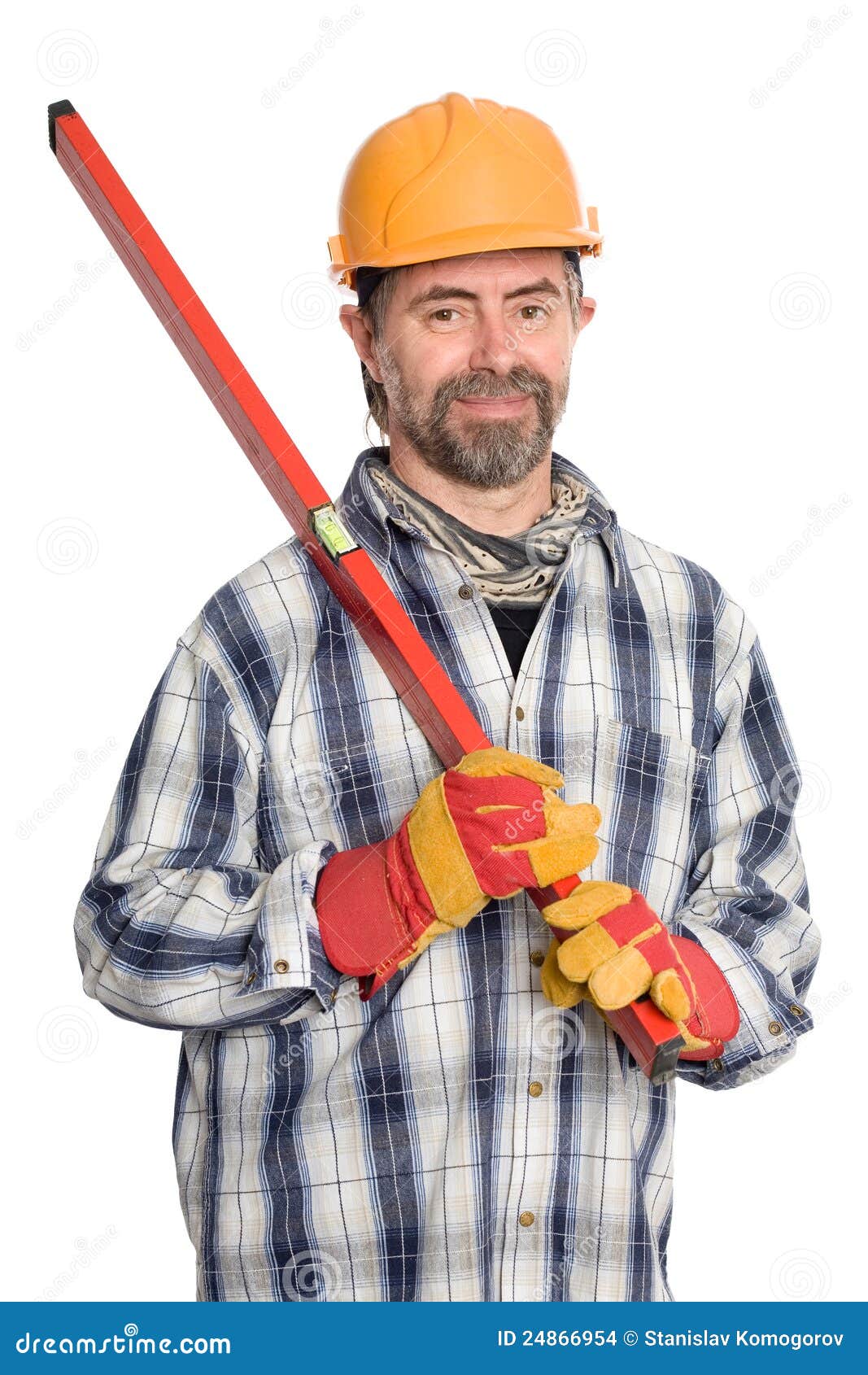 Smiling Builder Holds Level Stock Photo - Image of constructor, hold ...