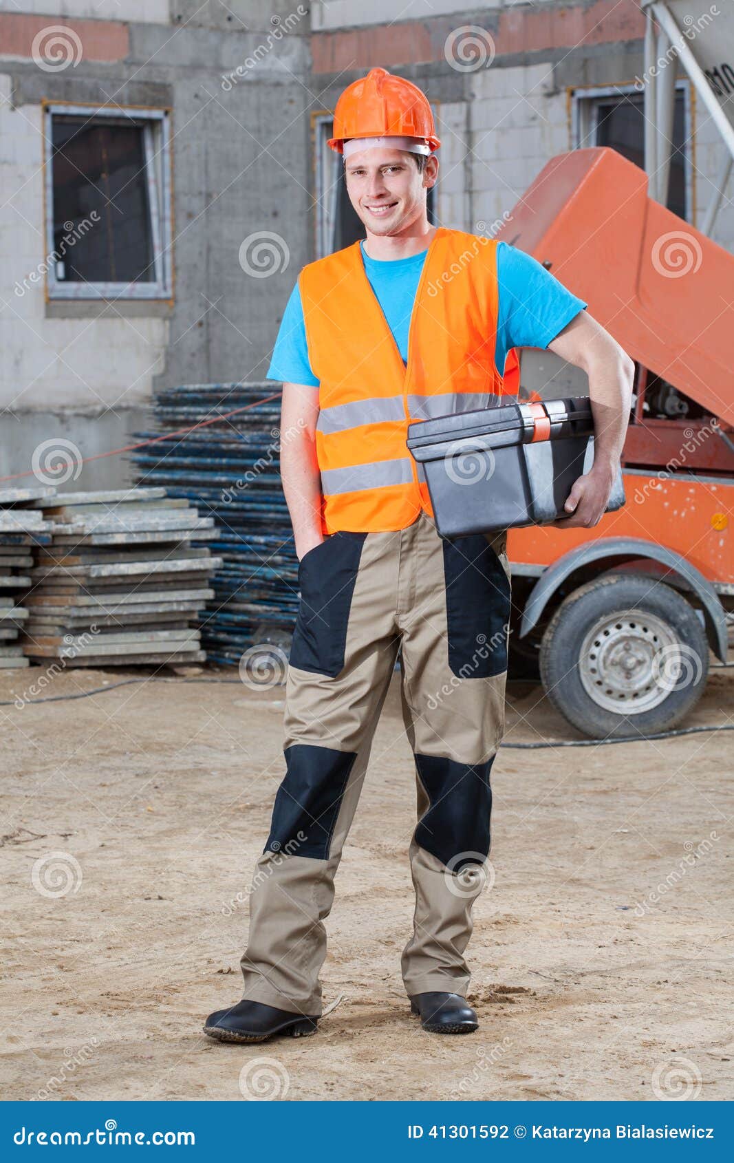 Smiling Builder Keeping Toolbox Stock Photo - Image of construct ...