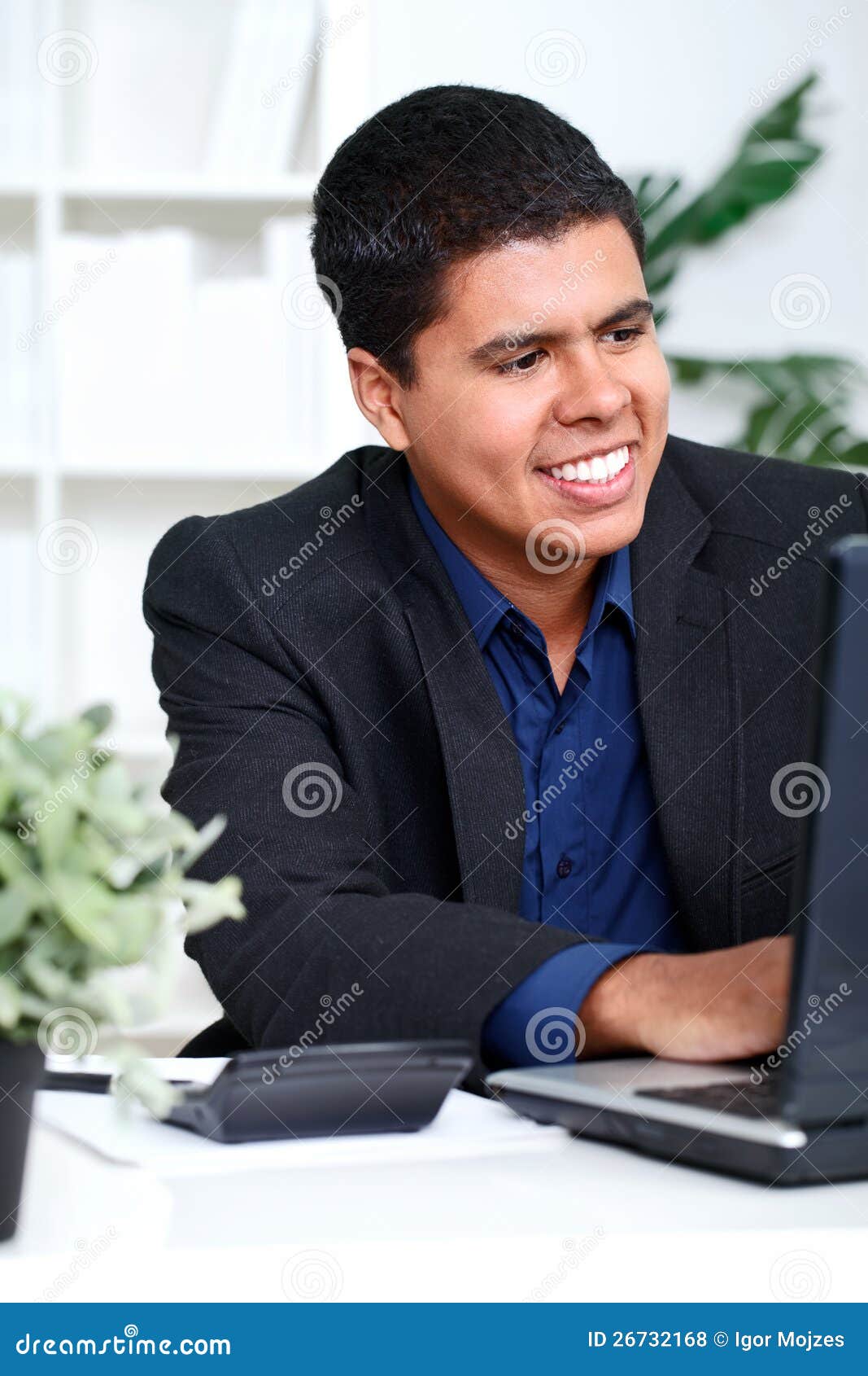 Smiling Business Man Executive Using a Computer Stock Photo - Image of ...