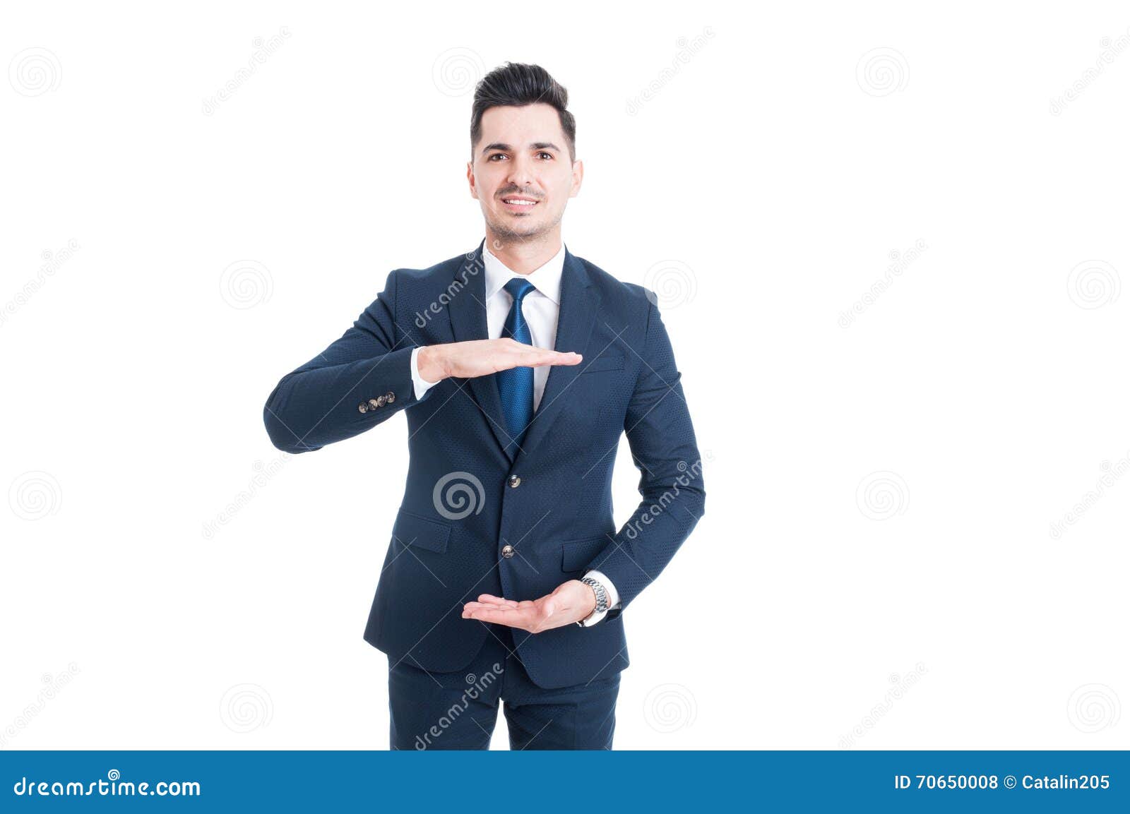 Smiling Business Man Holding Copy Space with Hands Stock Photo - Image ...