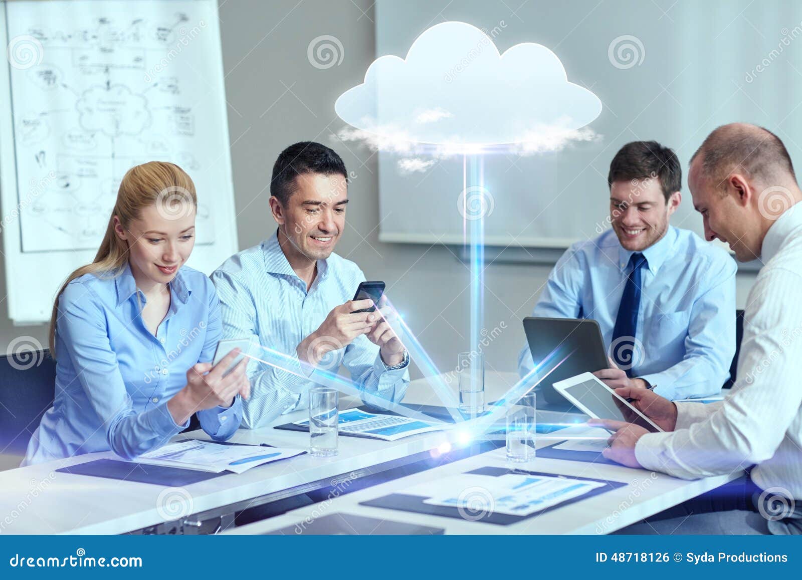 Smiling Business People with Gadgets in Office Stock Photo - Image of ...