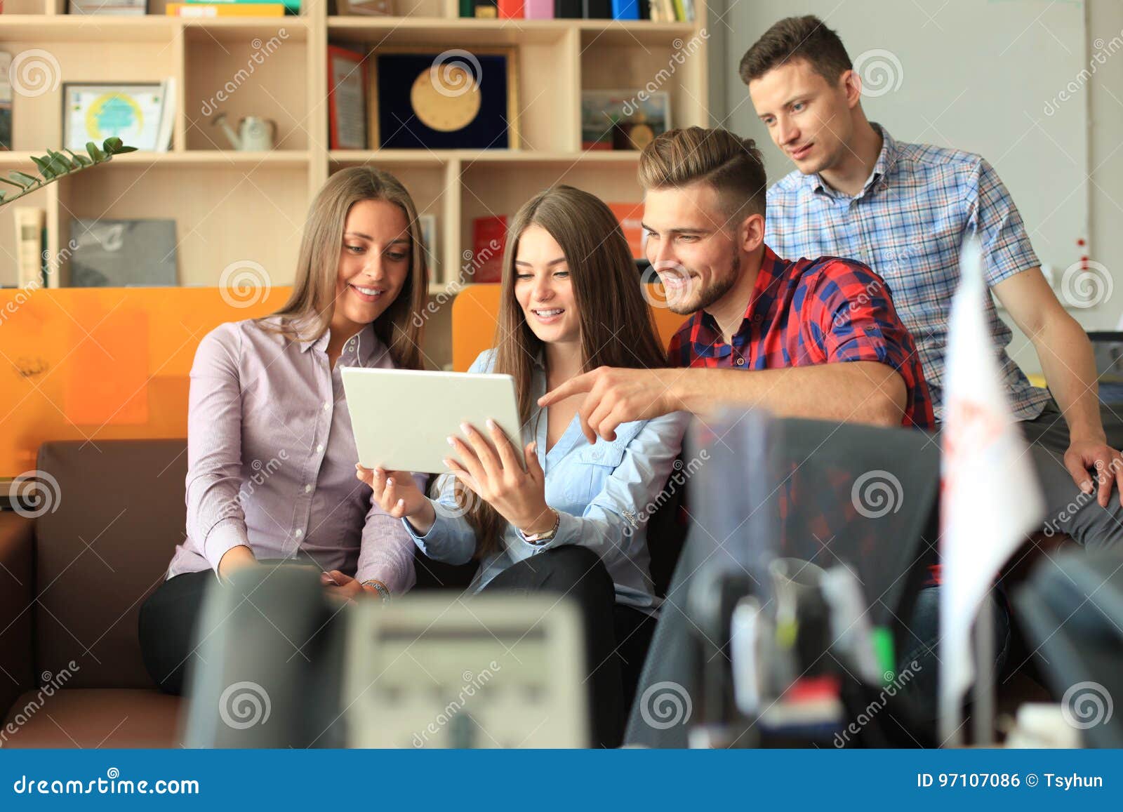 Smiling Business People Using Tablet in Office. Stock Photo - Image of ...