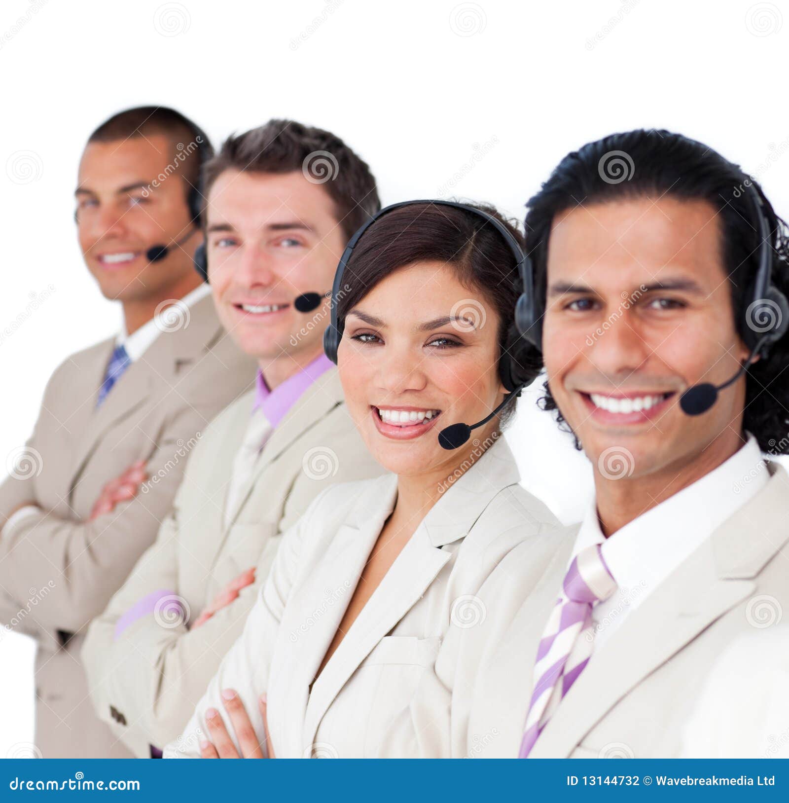 Smiling Business Team Lining Up with Headset on Stock Photo - Image of ...