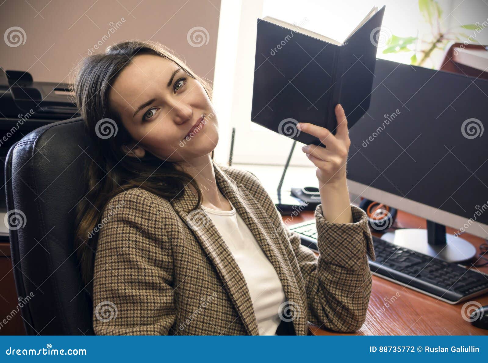 Smiling Business Woman with Computer and Diary in Office. Stock Photo ...