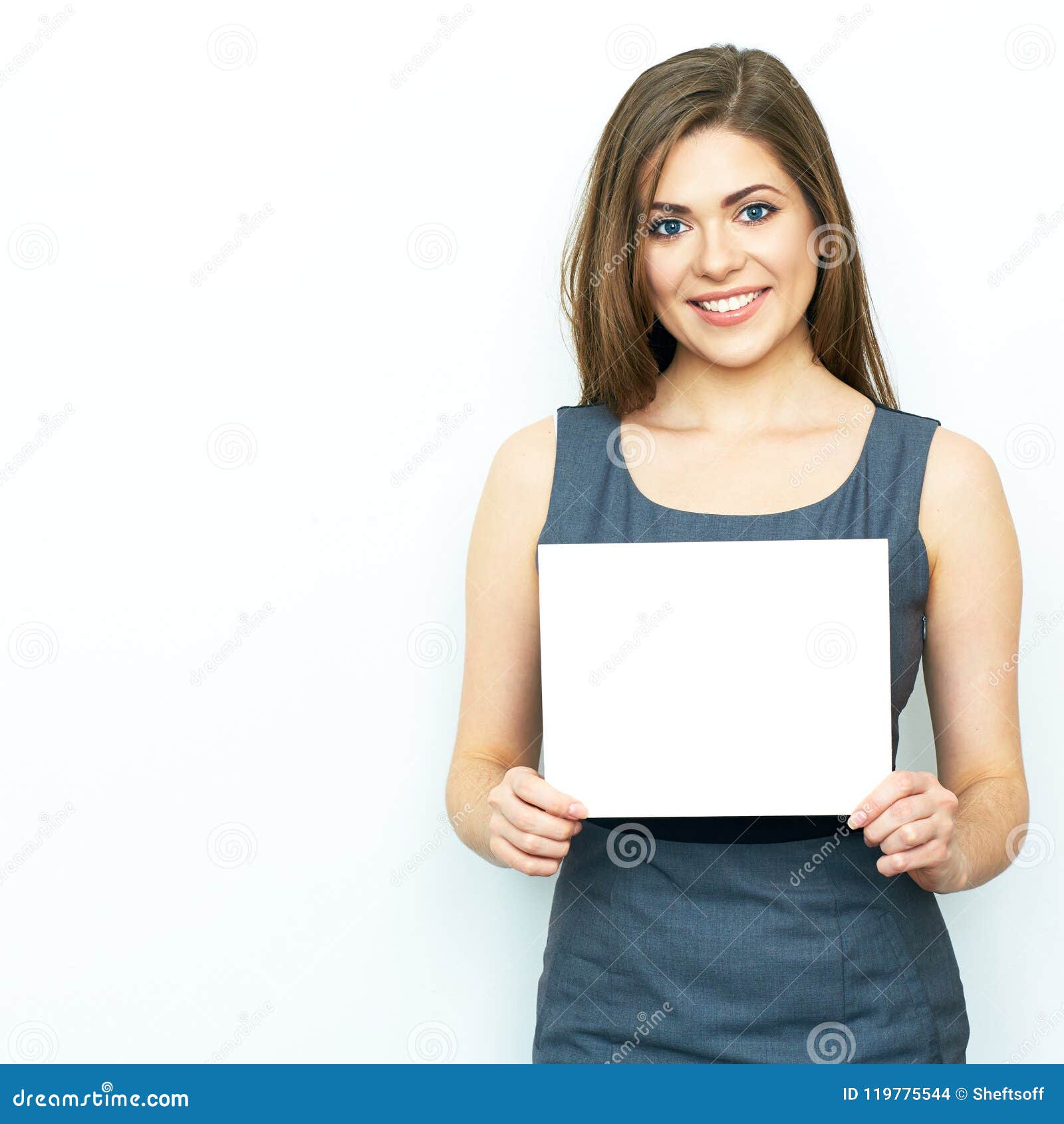 Smiling Business Woman Hold White Advertising Board. Stock Photo ... Smiling Business Woman Hold White Advertising Board. Stock Photo ...