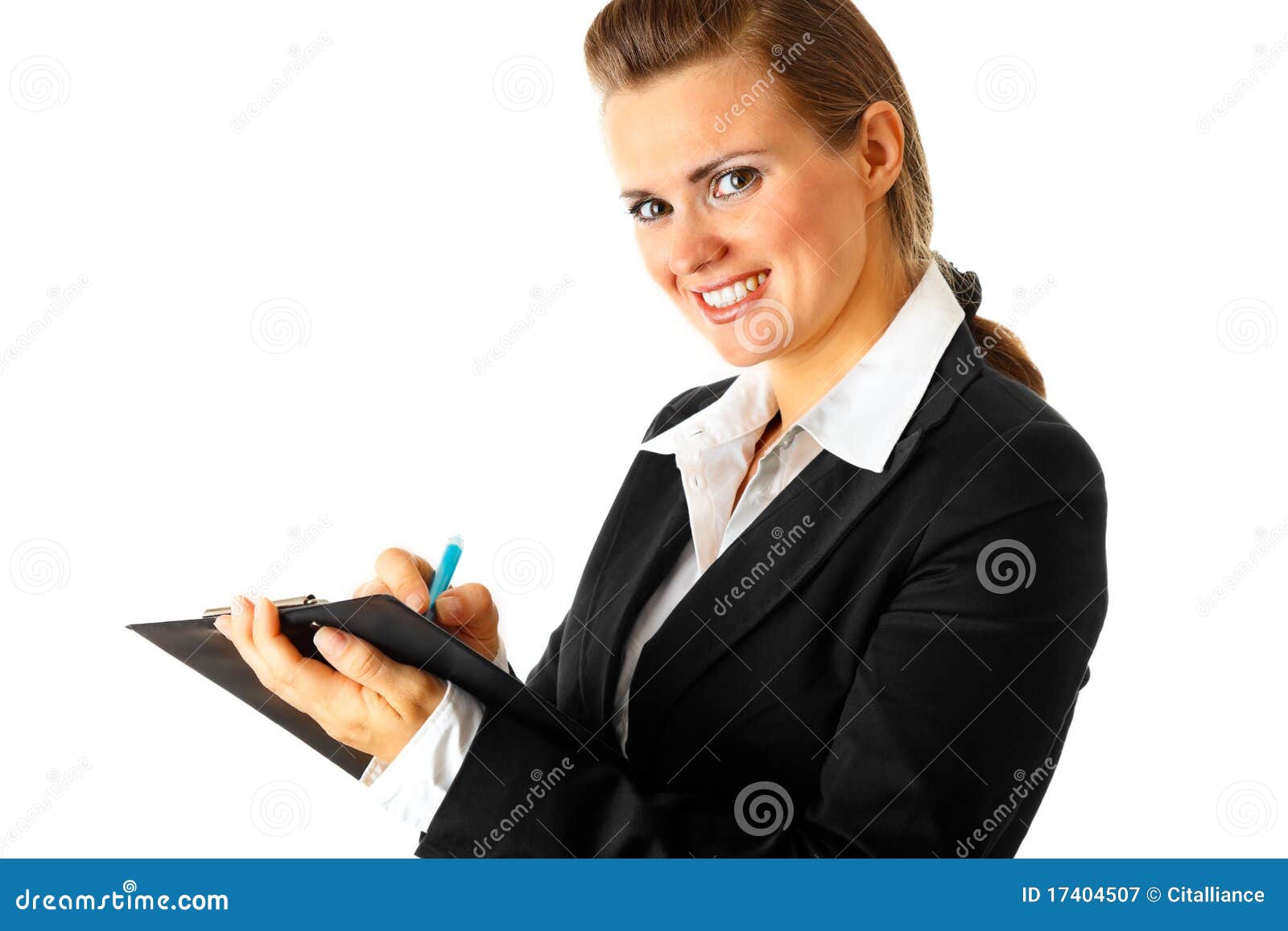 Smiling Business Woman Making Notes in Document Stock Image - Image of ...