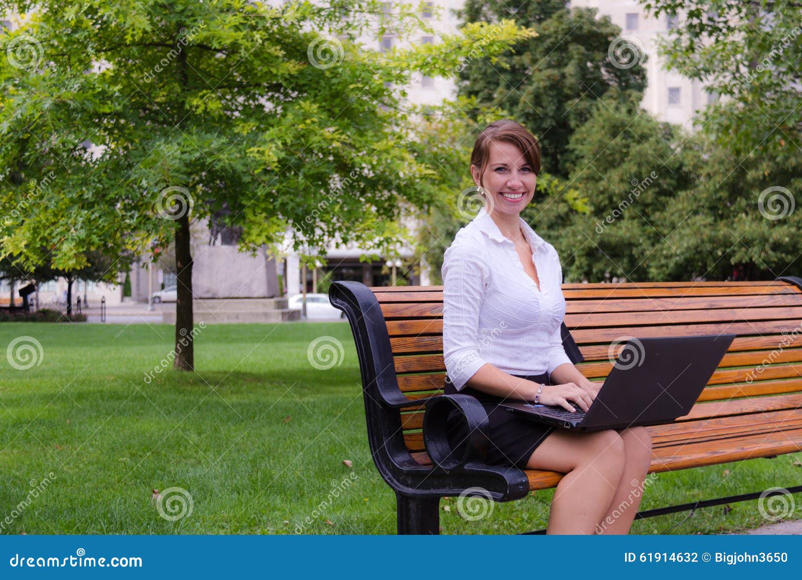 Smiling Business Woman on Park Bench Working with Laptop Compute Stock ...
