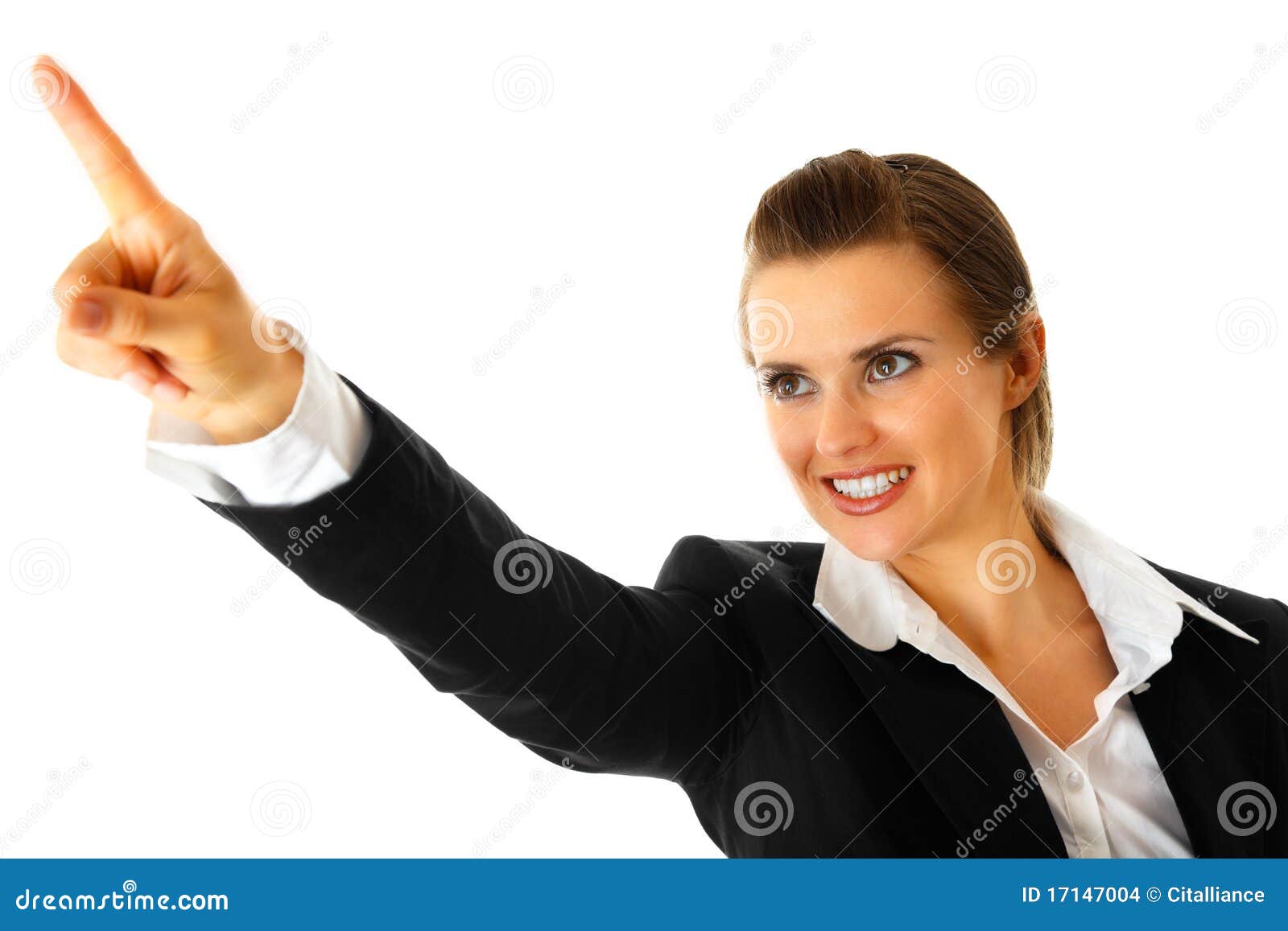 Smiling Business Woman Pointing Finger in Corner Stock Photo - Image of ...