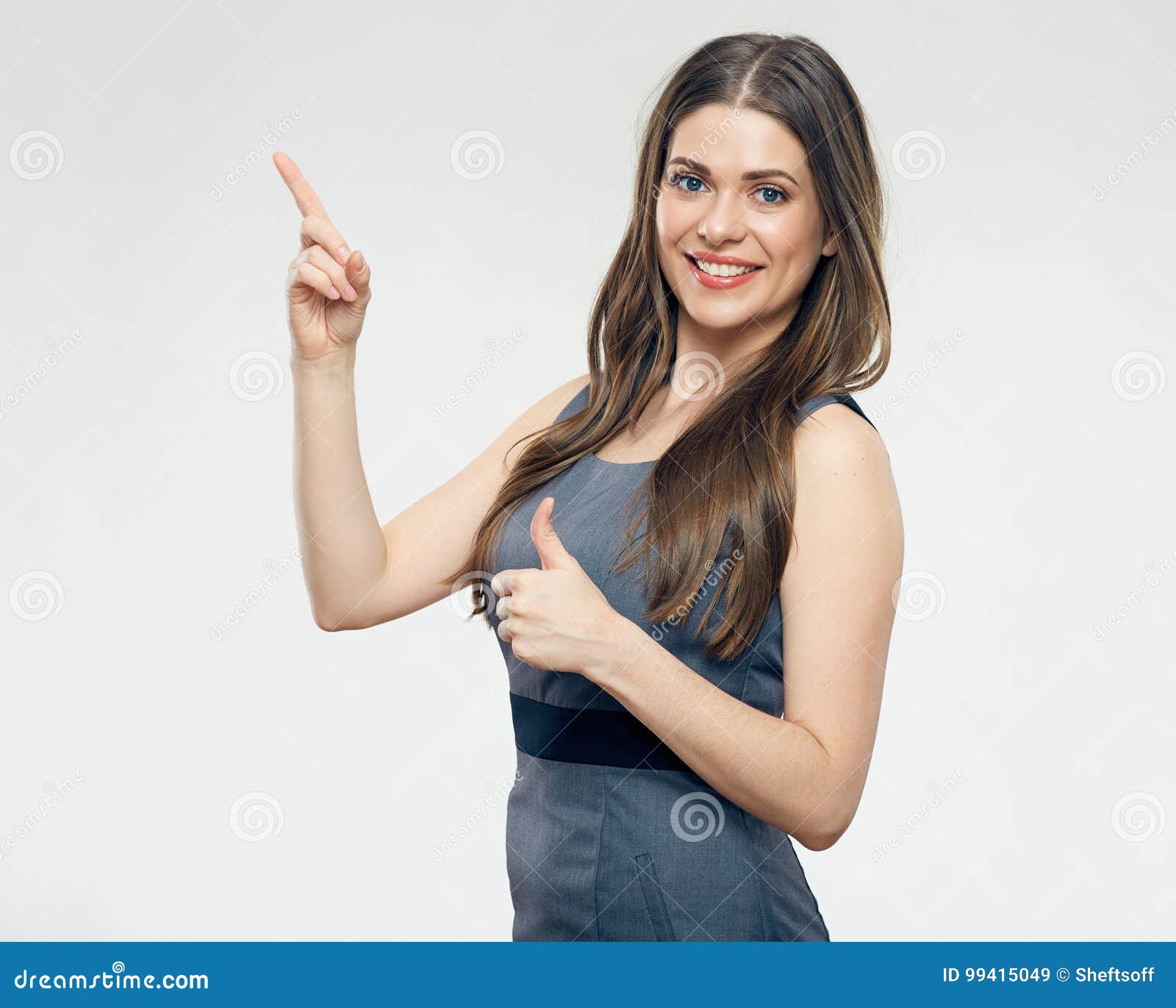 Smiling Business Woman Showing Thumb Pointing Finger Up. Stock Image ... Smiling Business Woman Showing Thumb Pointing Finger Up. Stock Image ...