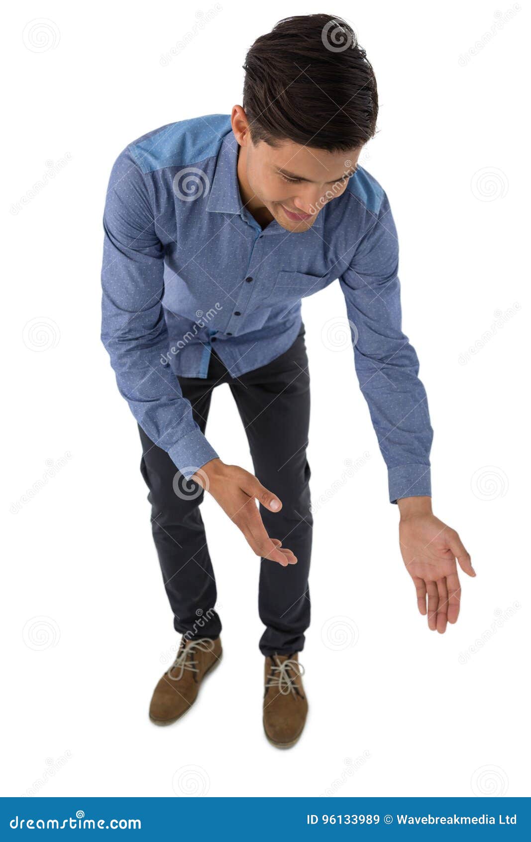 Smiling Businessman Gesturing while Bending Stock Image - Image of full ...