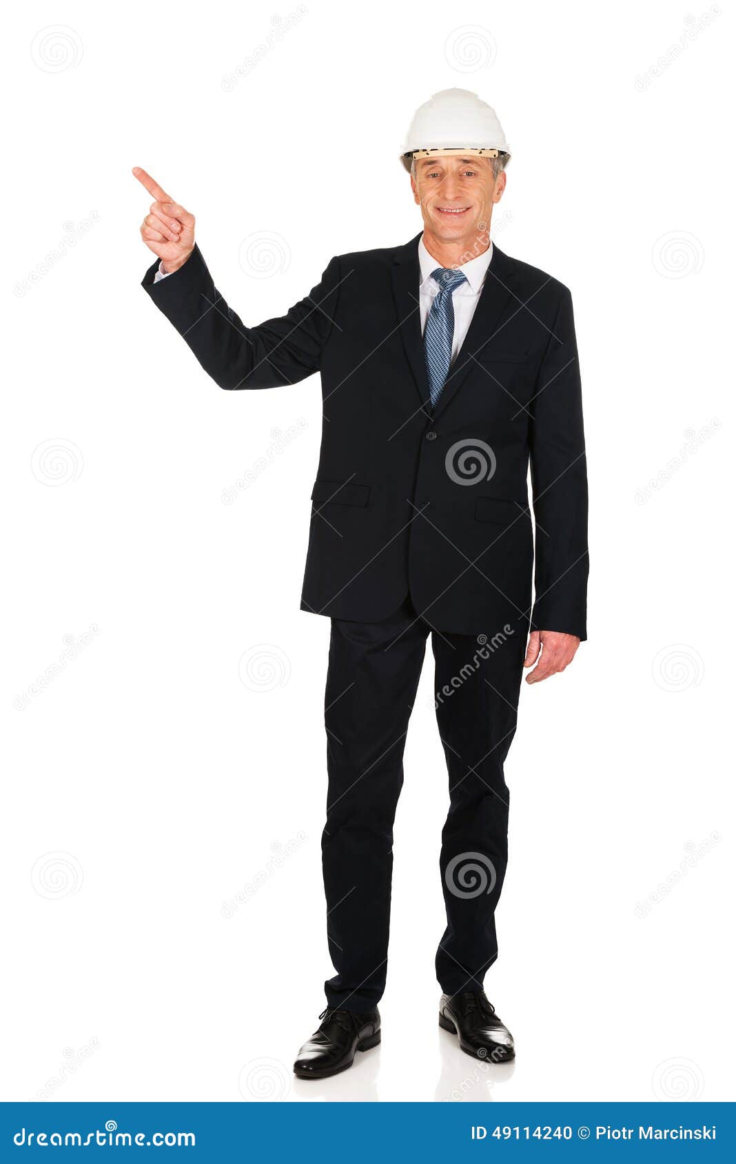 Smiling Businessman with Hard Hat Pointing Up Stock Photo - Image of ...