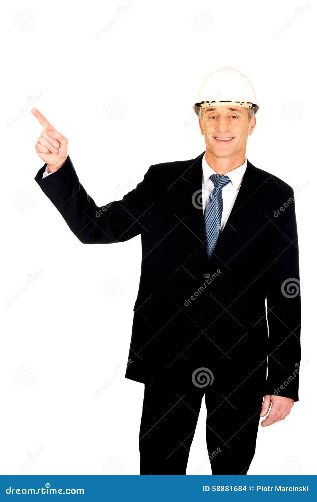 Smiling Businessman with Hard Hat Pointing Up Stock Photo - Image of ...