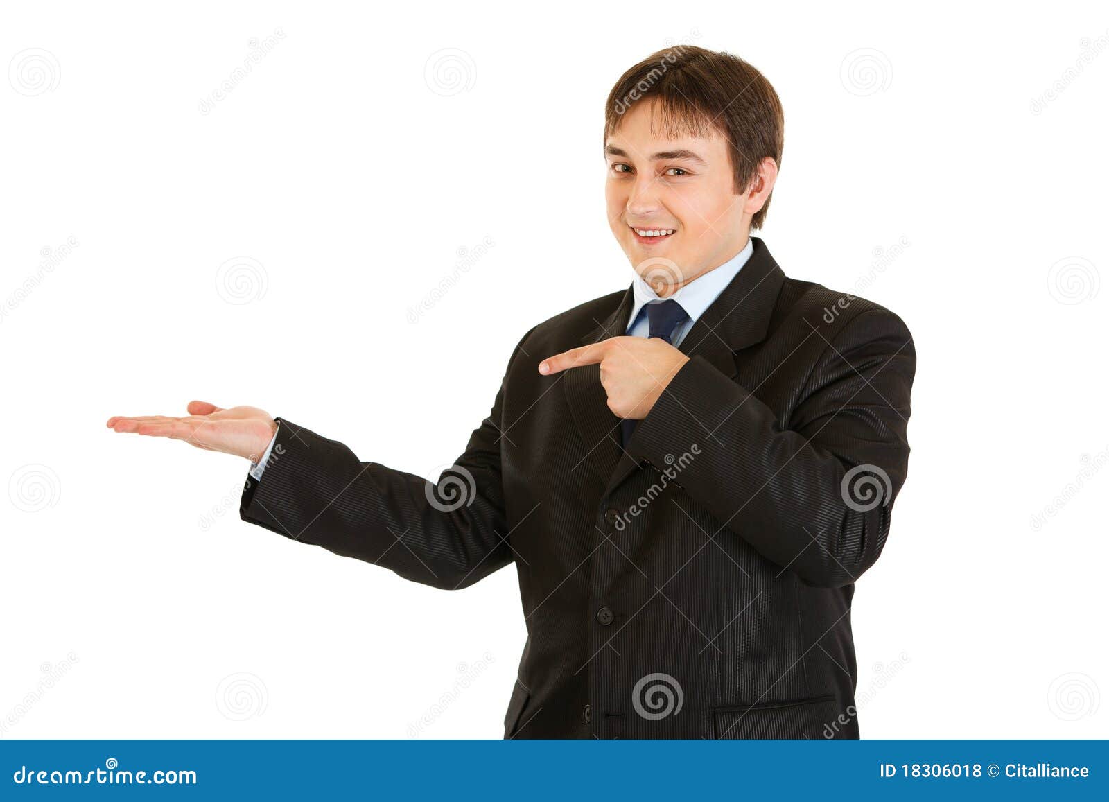 Smiling Businessman Pointing Finger on Empty Hand Stock Photo - Image ...