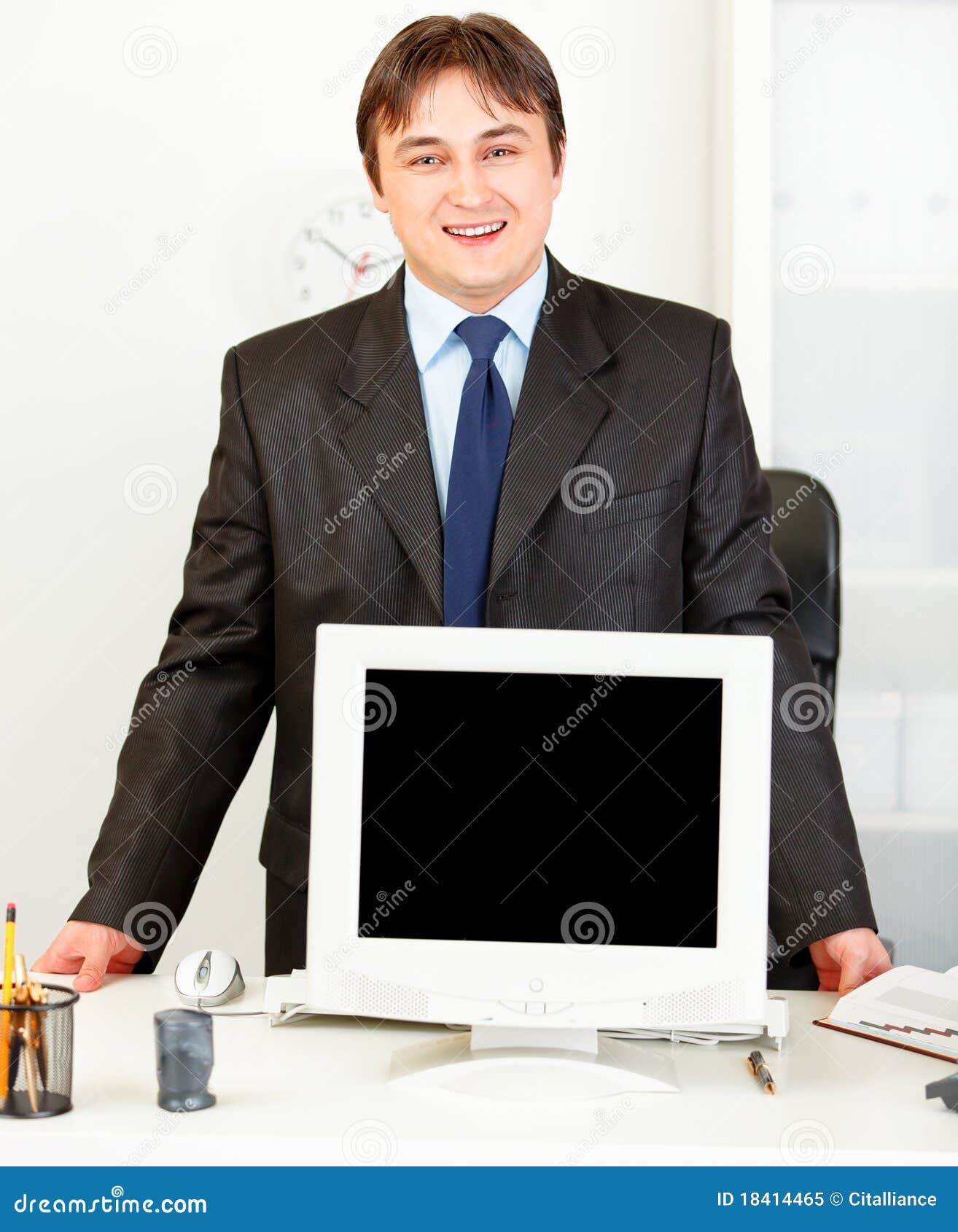 Smiling Businessman Showing Monitors Blank Screen Stock Image - Image ...