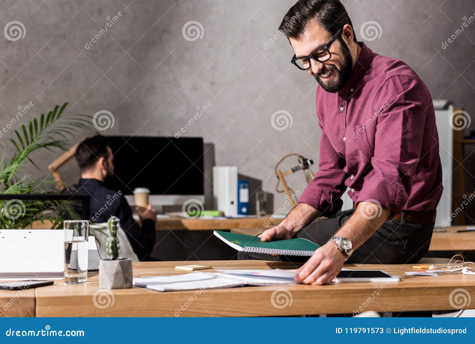 Smiling Businessman Taking Documents from Stock Image - Image of ...