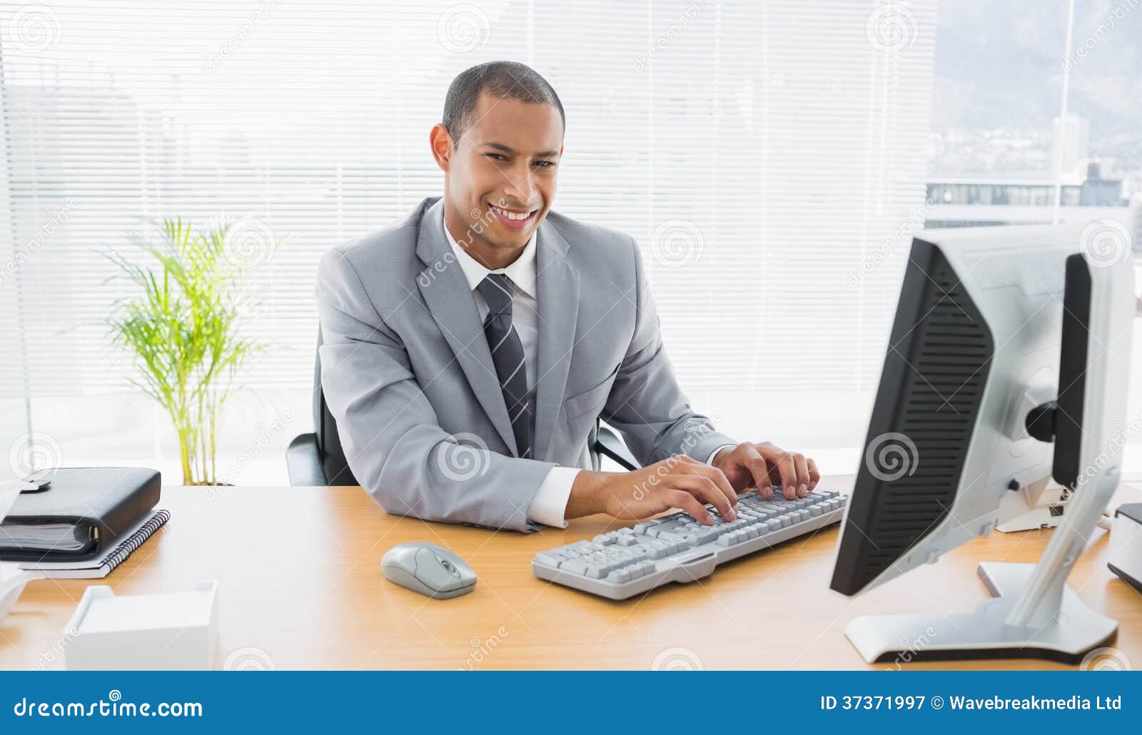 Smiling Businessman Using Computer at Office Stock Image - Image of ...