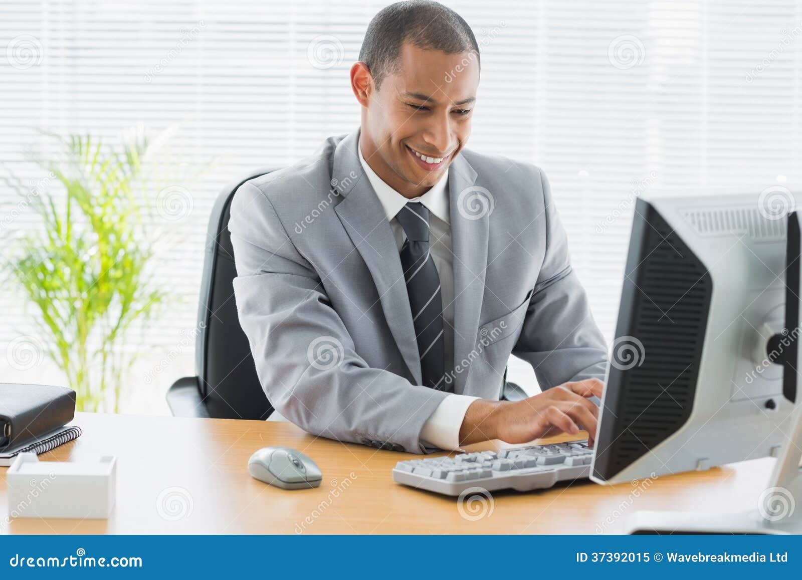 Smiling Businessman Using Computer at Office Stock Image - Image of ...
