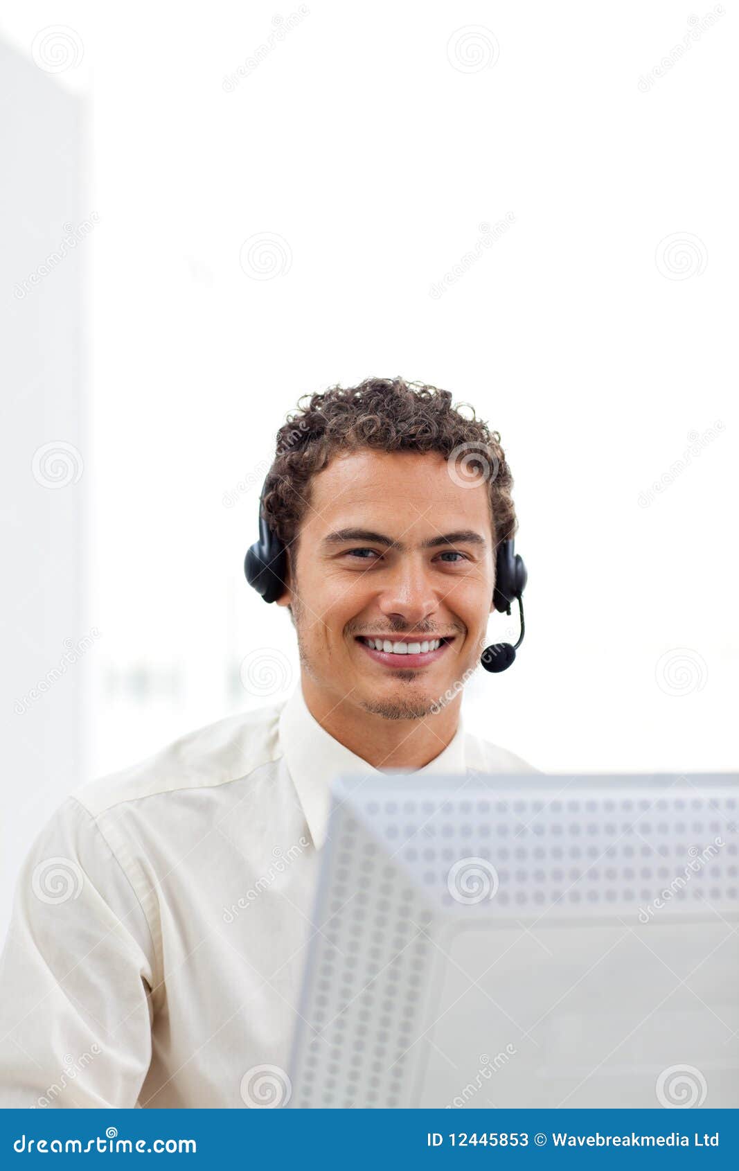 Smiling Businessman Working at a Computer Stock Image - Image of copy ...