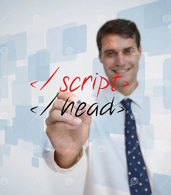 Smiling Businessman Writing Sql Code Stock Image - Image of head ...