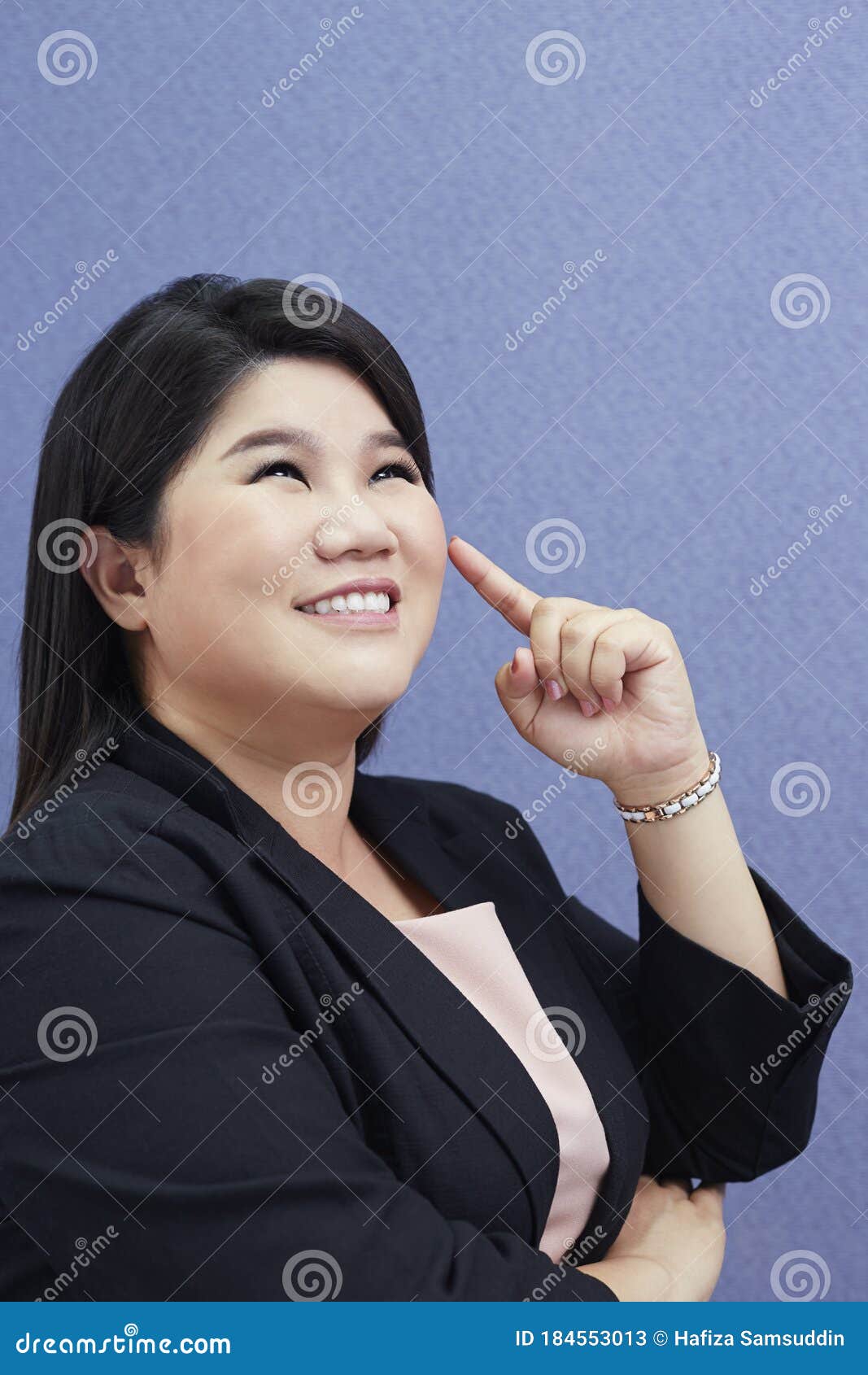 Smiling Businesswoman Thinking with Finger Pointing Stock Image - Image ...