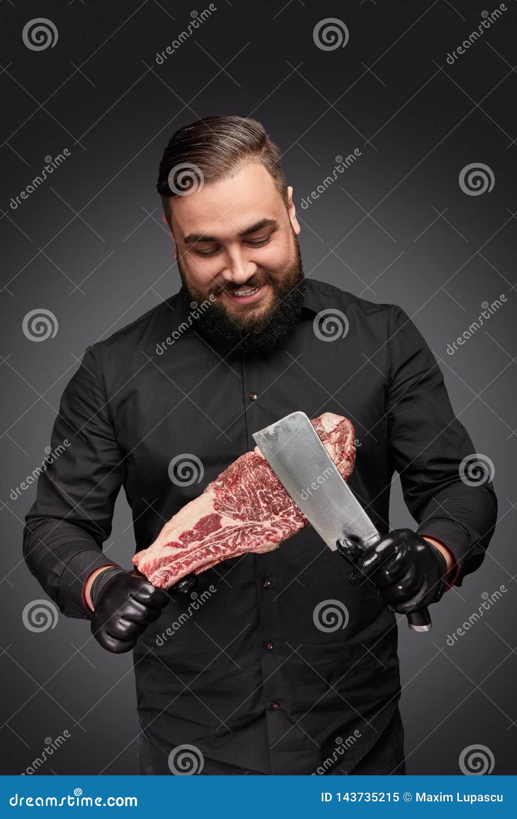 Smiling Butcher Scratching Meat With Knife Stock Image Image Of Protein Gourmand 143735215