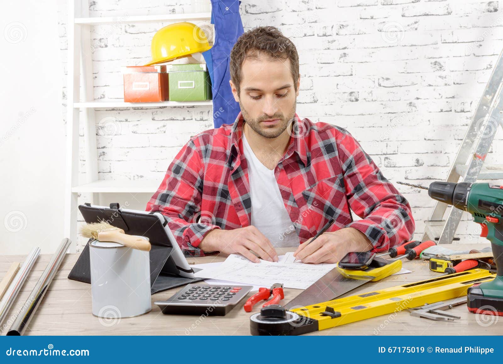 Smiling Carpenter Sitting at the Desk, in His Studio Stock Image ...