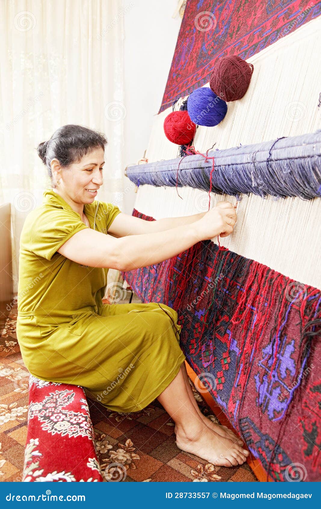 Smiling Carpet Weaver Sideview Stock Image - Image of female, loom ...