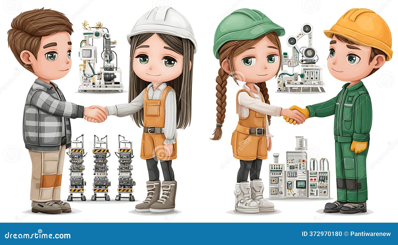 Smiling Cartoon Engineers And Technicians Shaking Hands, Teamwork And ...