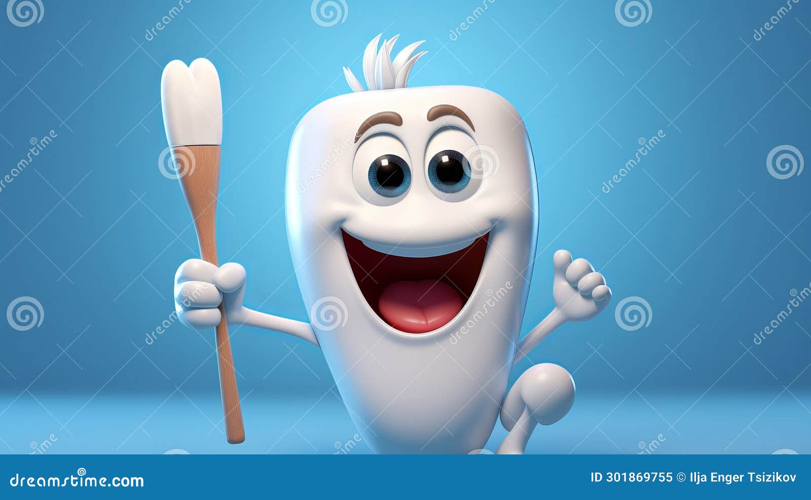 Smiling Cartoon Tooth with Clean Teeth Holding Toothbrush on Blue ...