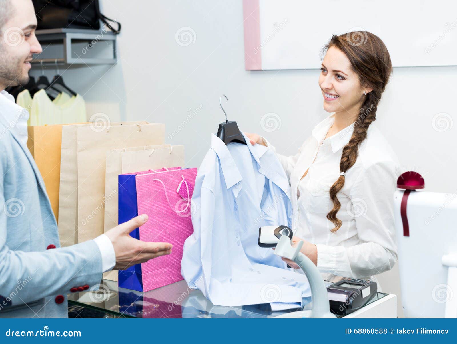 Smiling Cashier and Satisfied Customer Stock Photo - Image of class ...