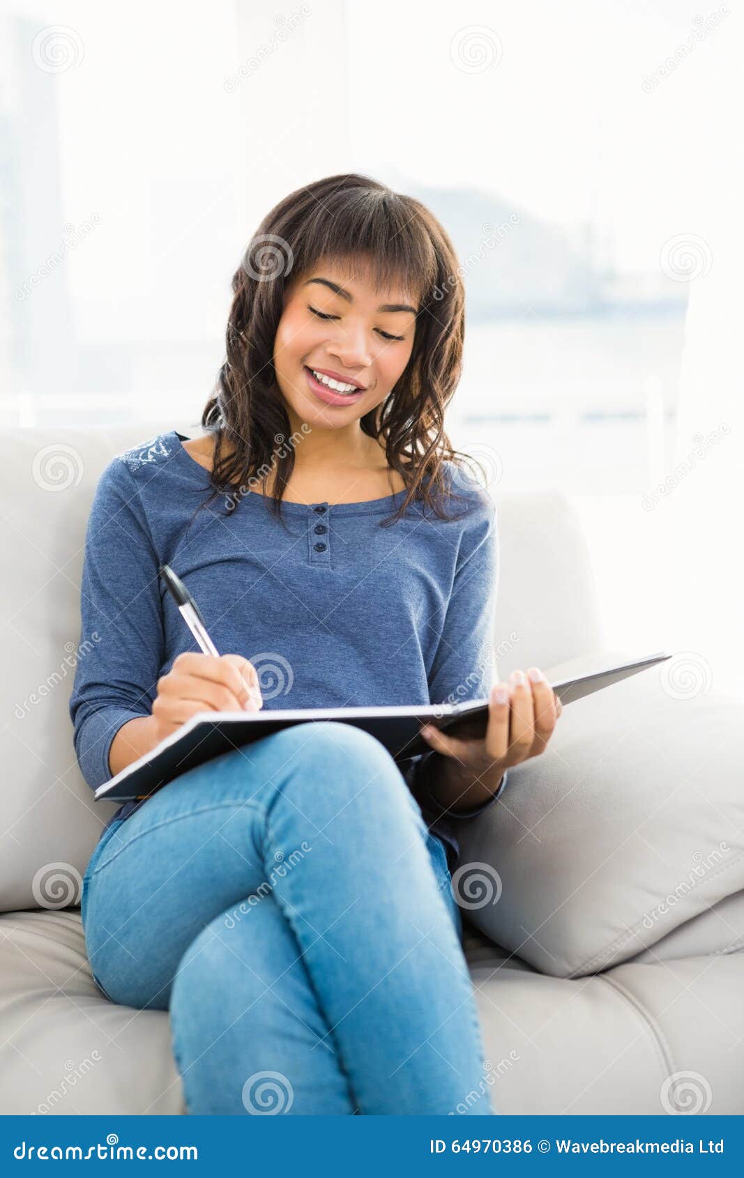 Smiling Casual Woman Writing Notes Stock Photo - Image of pretty ...