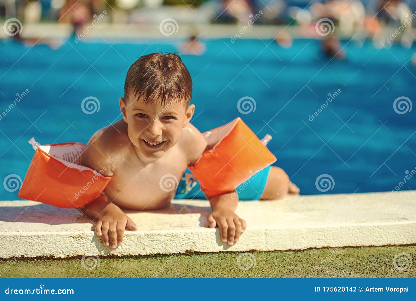 Smiling Caucasian Boy Getting Out from Swimming Pool through Its Side ...