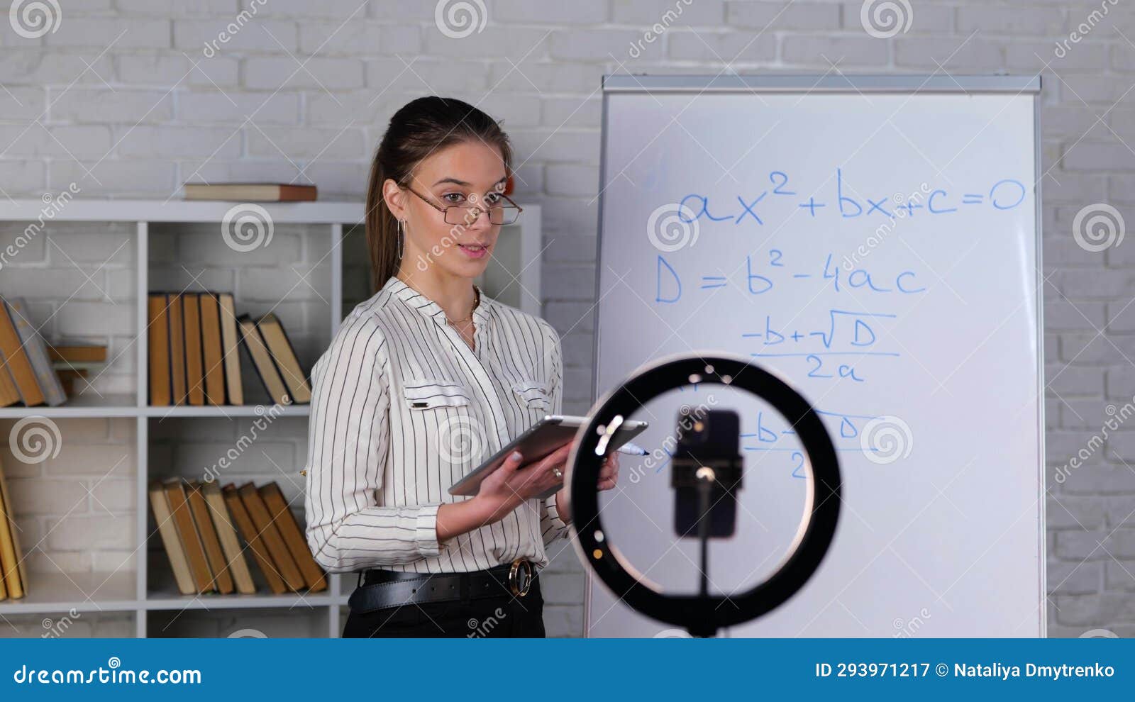 Smiling Caucasian Tutor in Glasses Using Flipchart and Giving Math ...