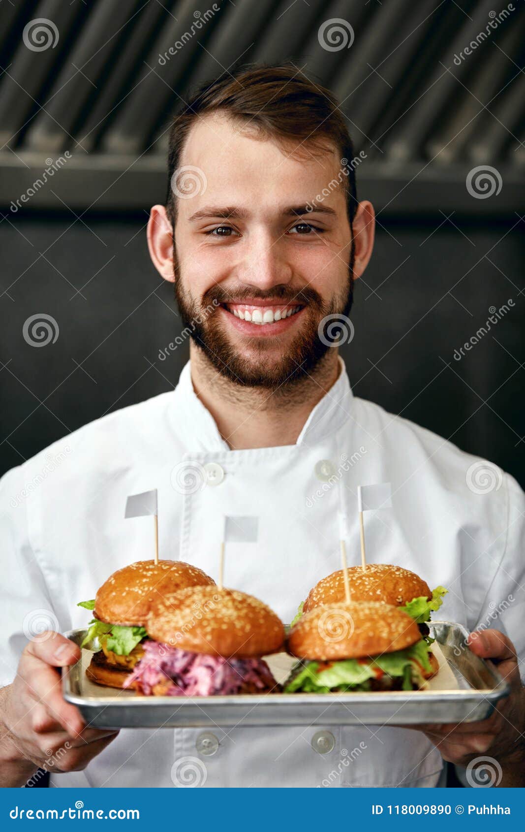 Chef with Burgers in Restaurant Kitchen Stock Photo - Image of meal ...
