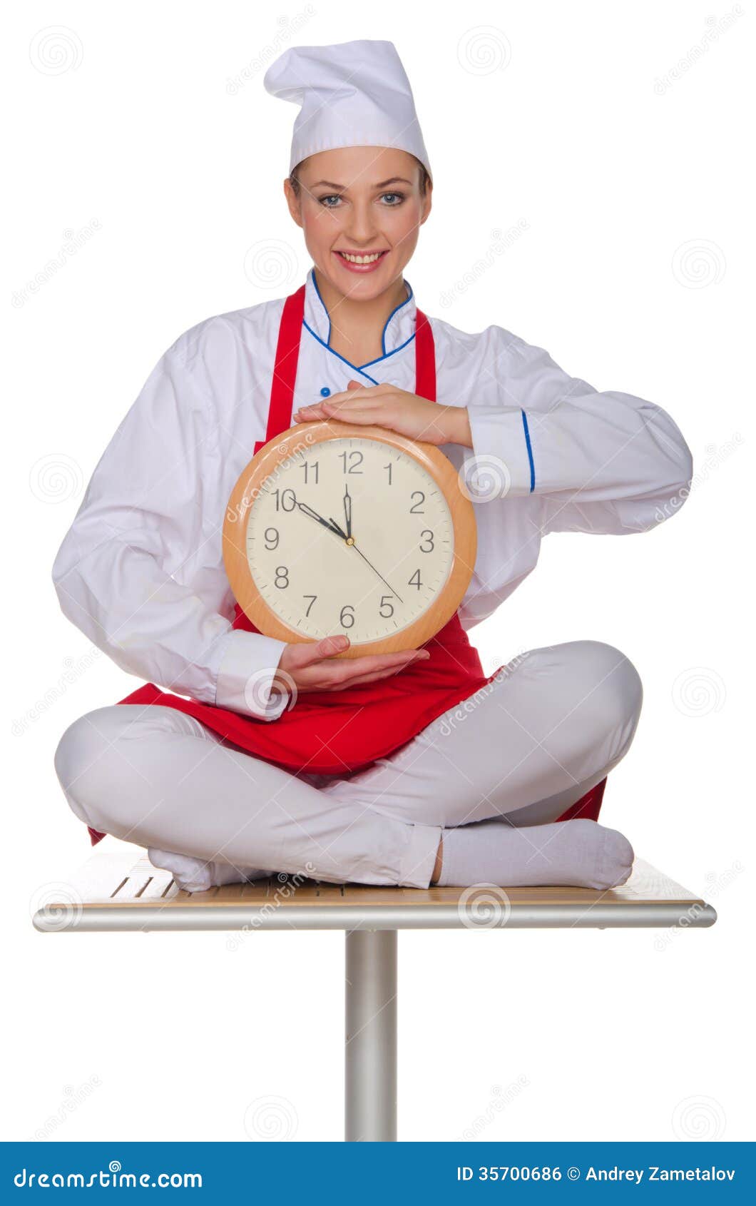 Smiling chef with clock stock photo. Image of lady, sitting - 35700686