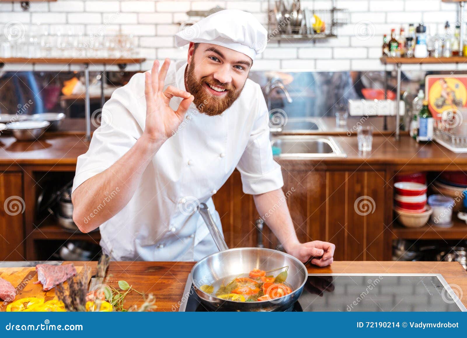 Smiling Chef Cook Preparing Food and Showing Ok Gesture Stock Photo ...