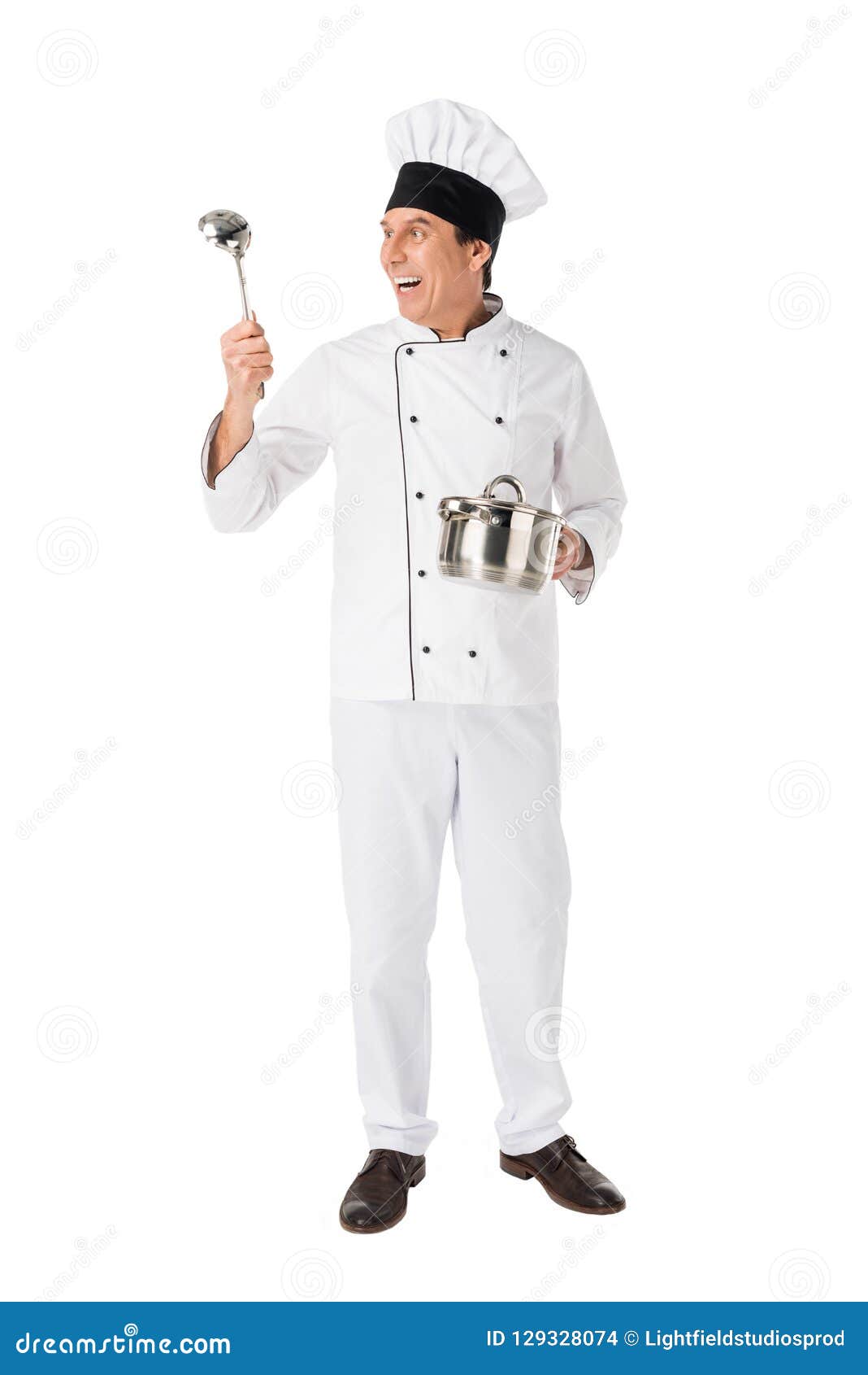 Smiling Chef with Pan and Ladle Stock Photo - Image of cooking, uniform ...